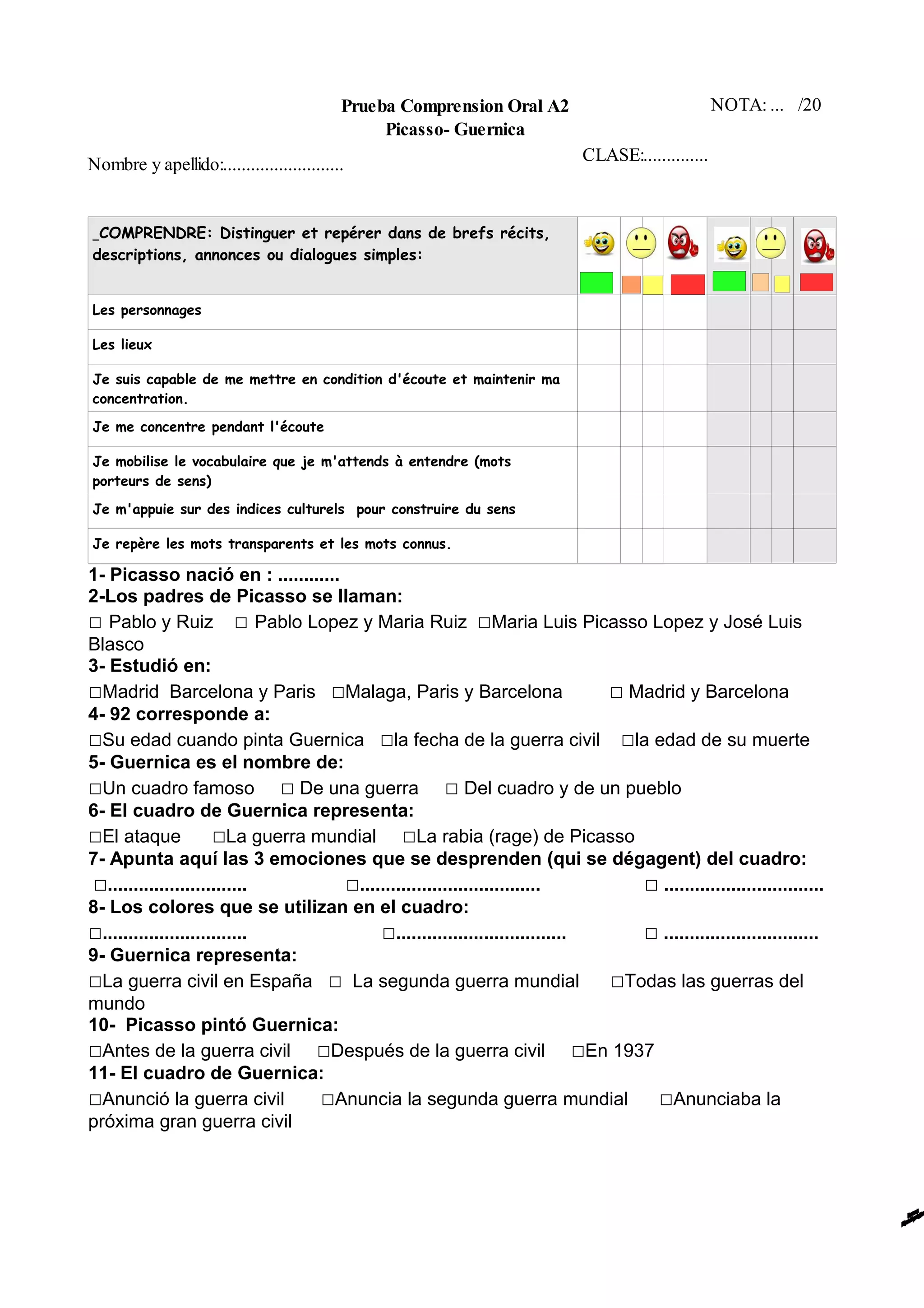 Fiche élève pasado guernica picasso a2 | PDF