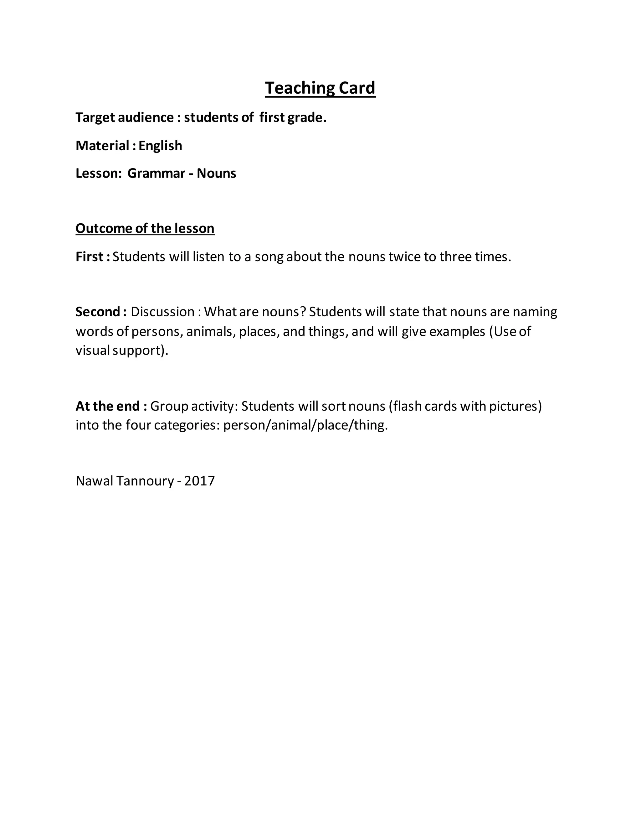 Teaching Card - nouns - First Grade | DOCX