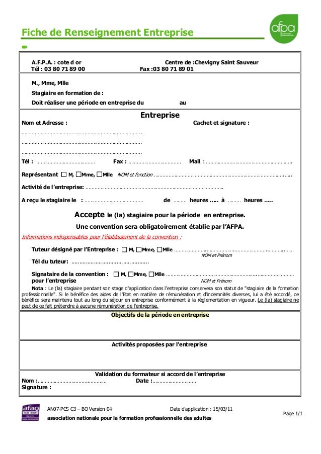 Fiche renseignements entreprise