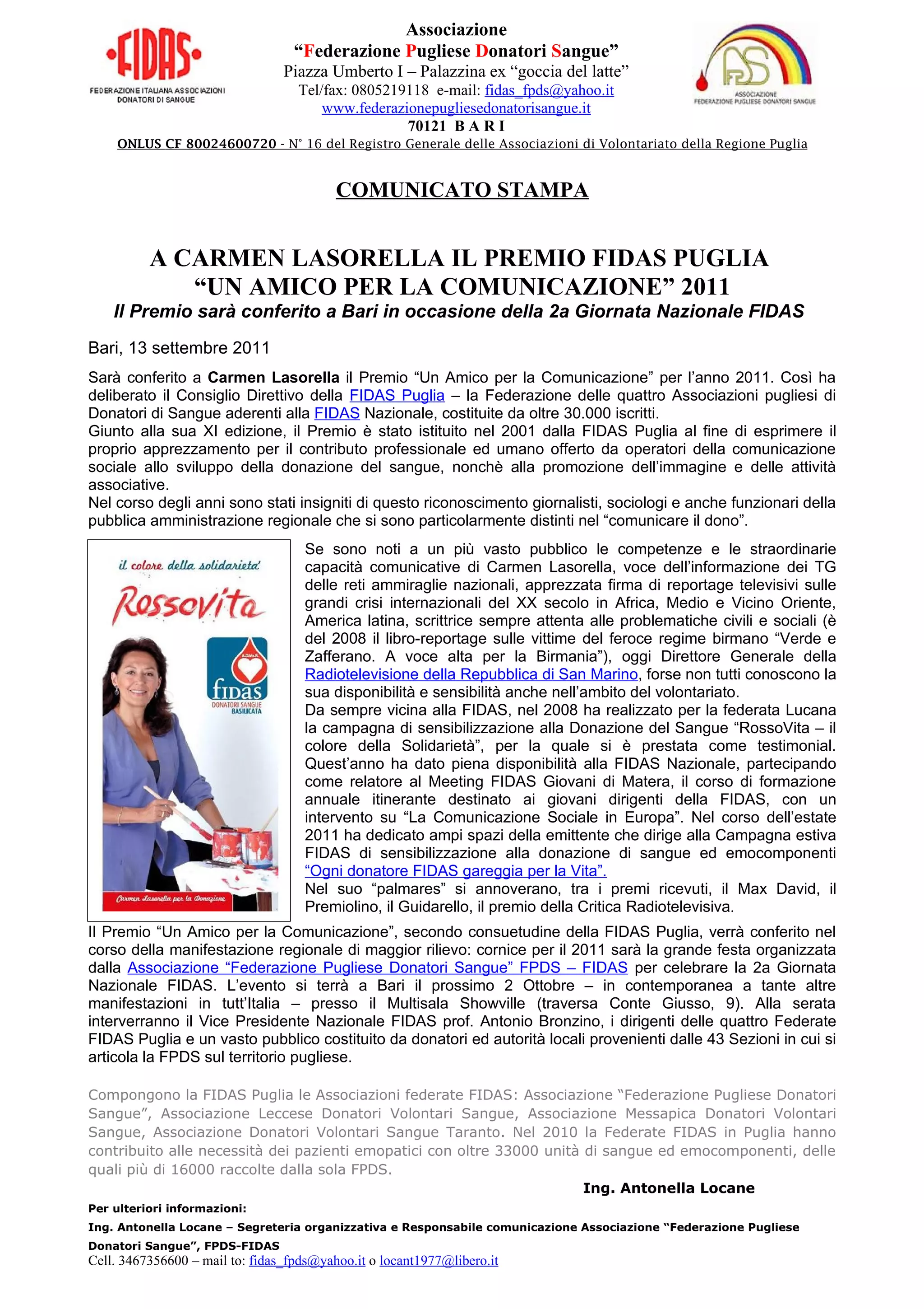 Fidas premio un amico per la comunicazione 2011 a carmen lasorella | DOC