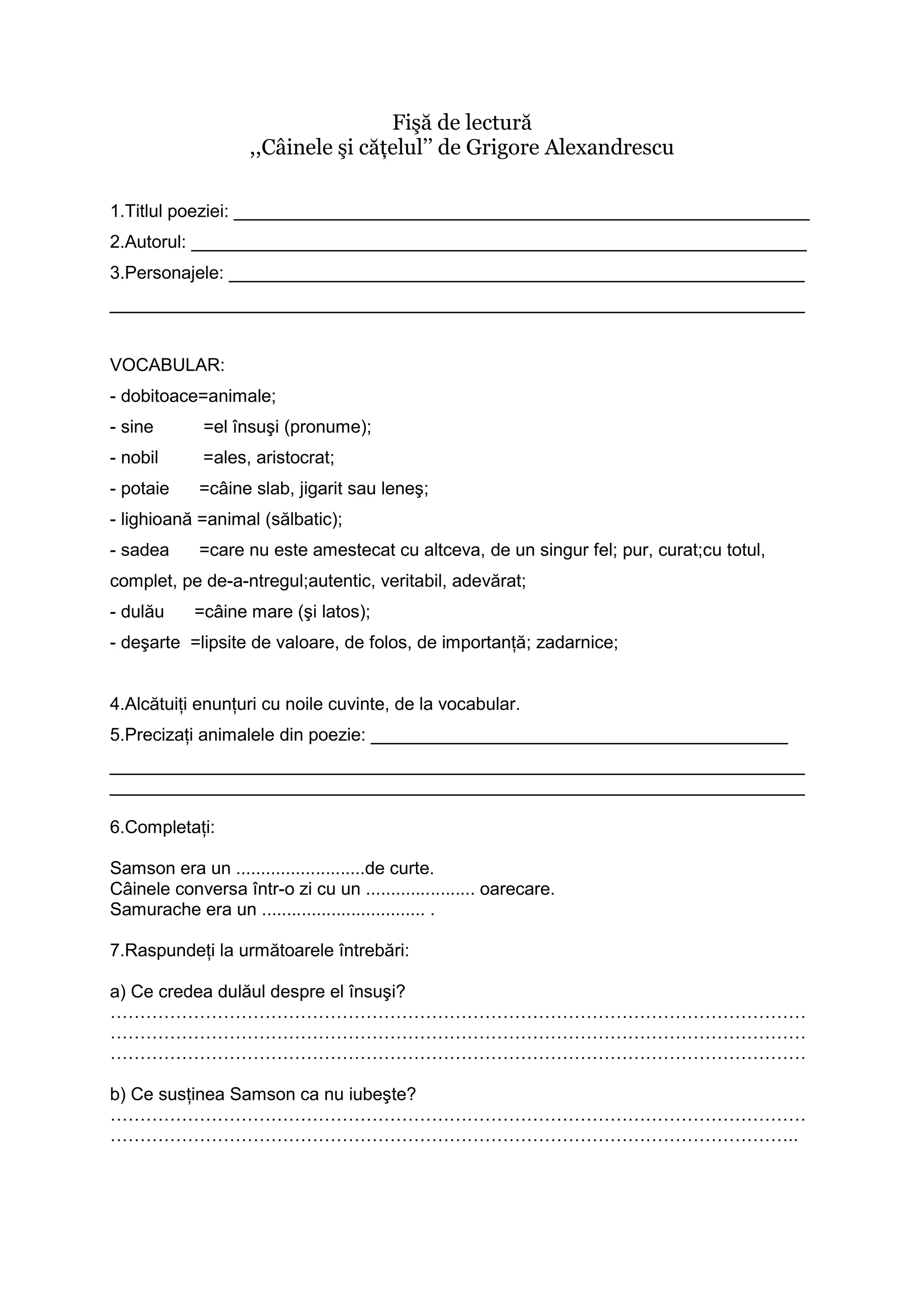 Fişă de lectură cainele si catelul+gr alexandrescu | PDF