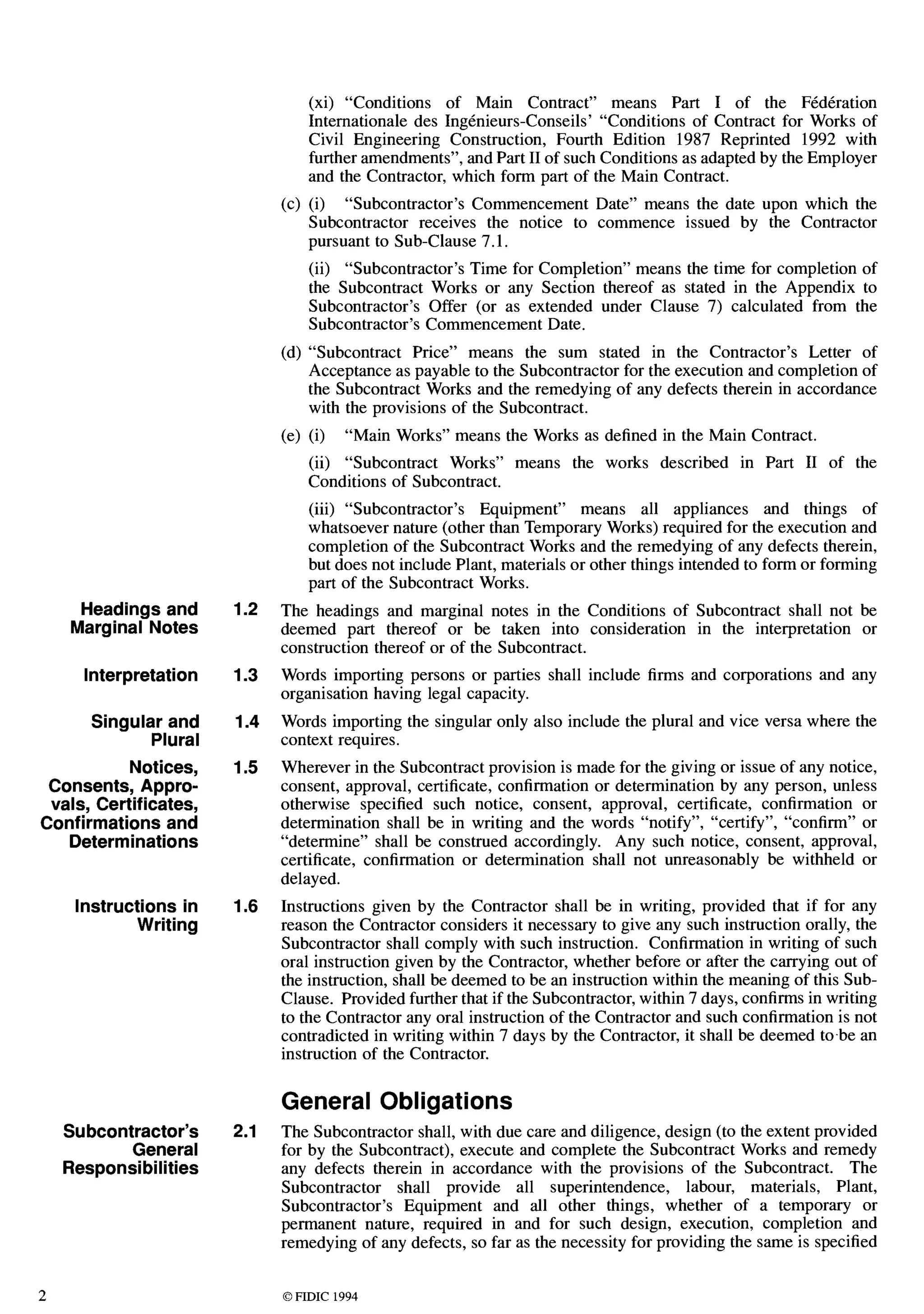 Fidic conditions of subcontract agreement | PDF