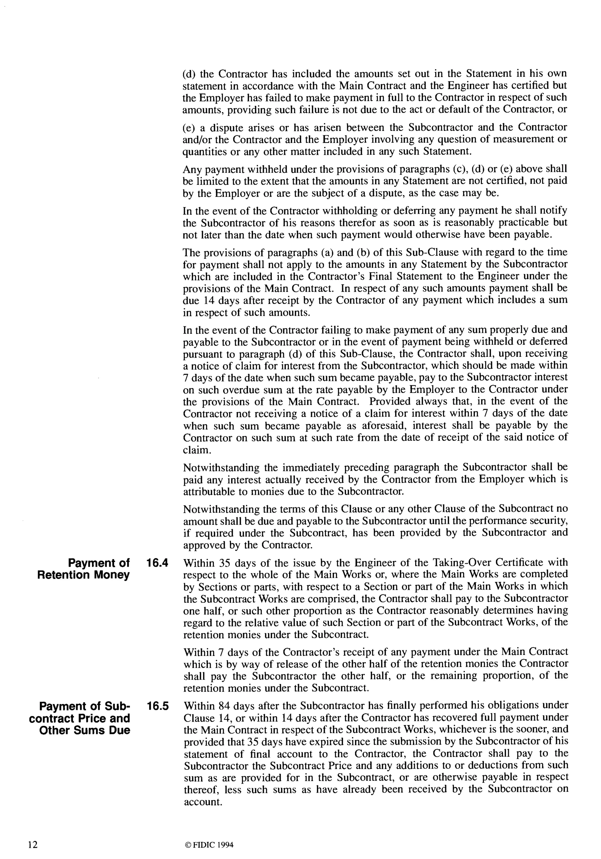 Fidic conditions of subcontract agreement | PDF