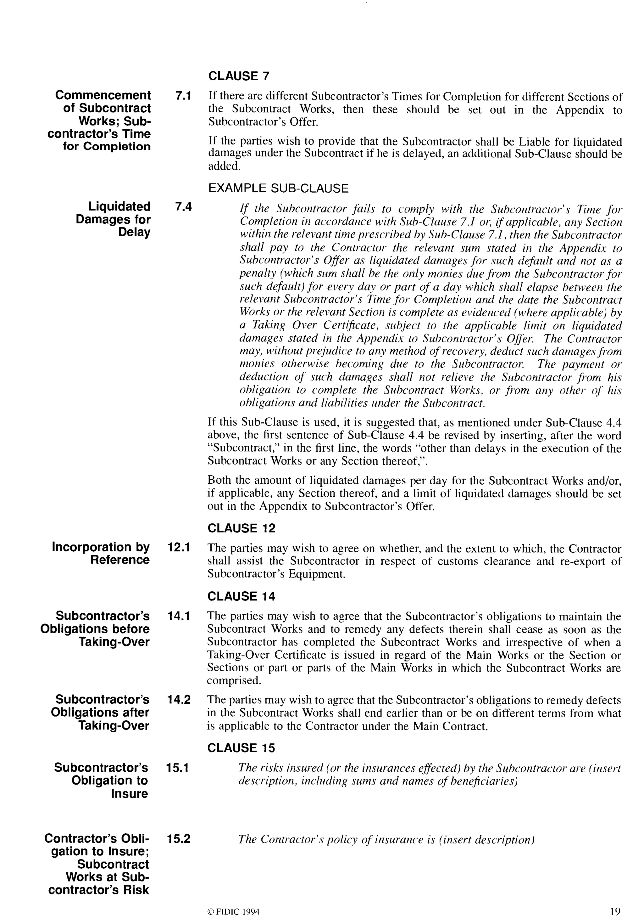 Fidic Conditions Of Subcontract Agreement Pdf