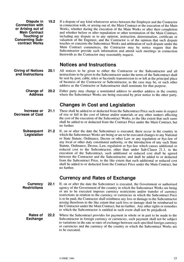 Fidic conditions of subcontract agreement | PDF