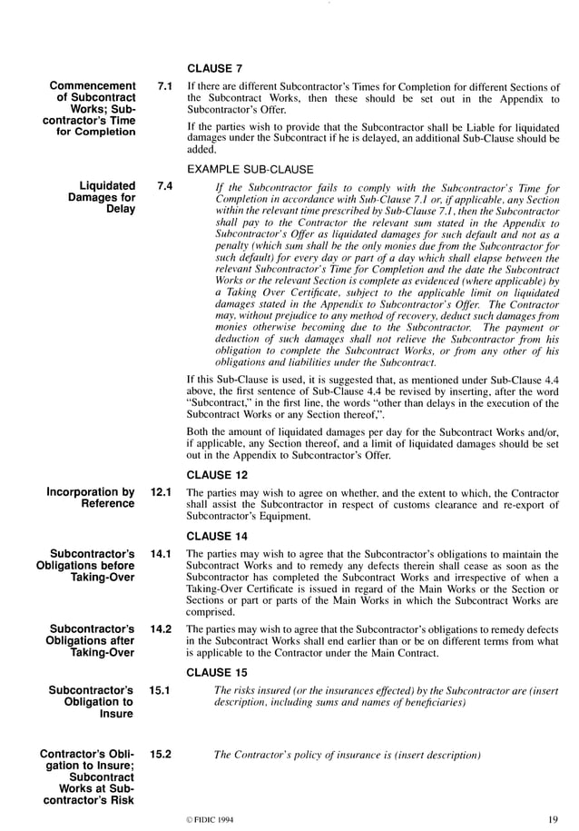 Fidic conditions of subcontract agreement | PDF