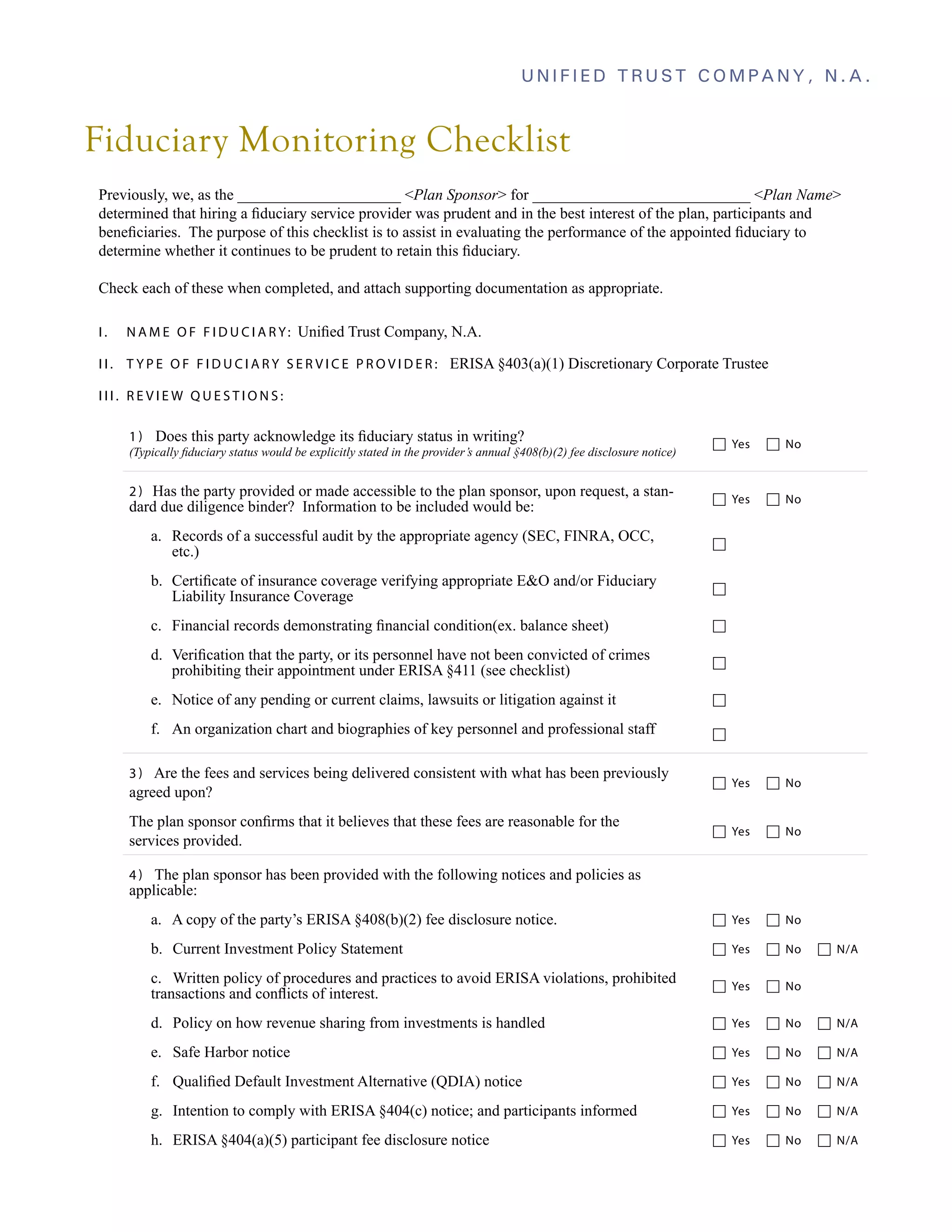 Fiduciary Monitoring Checklist | PDF