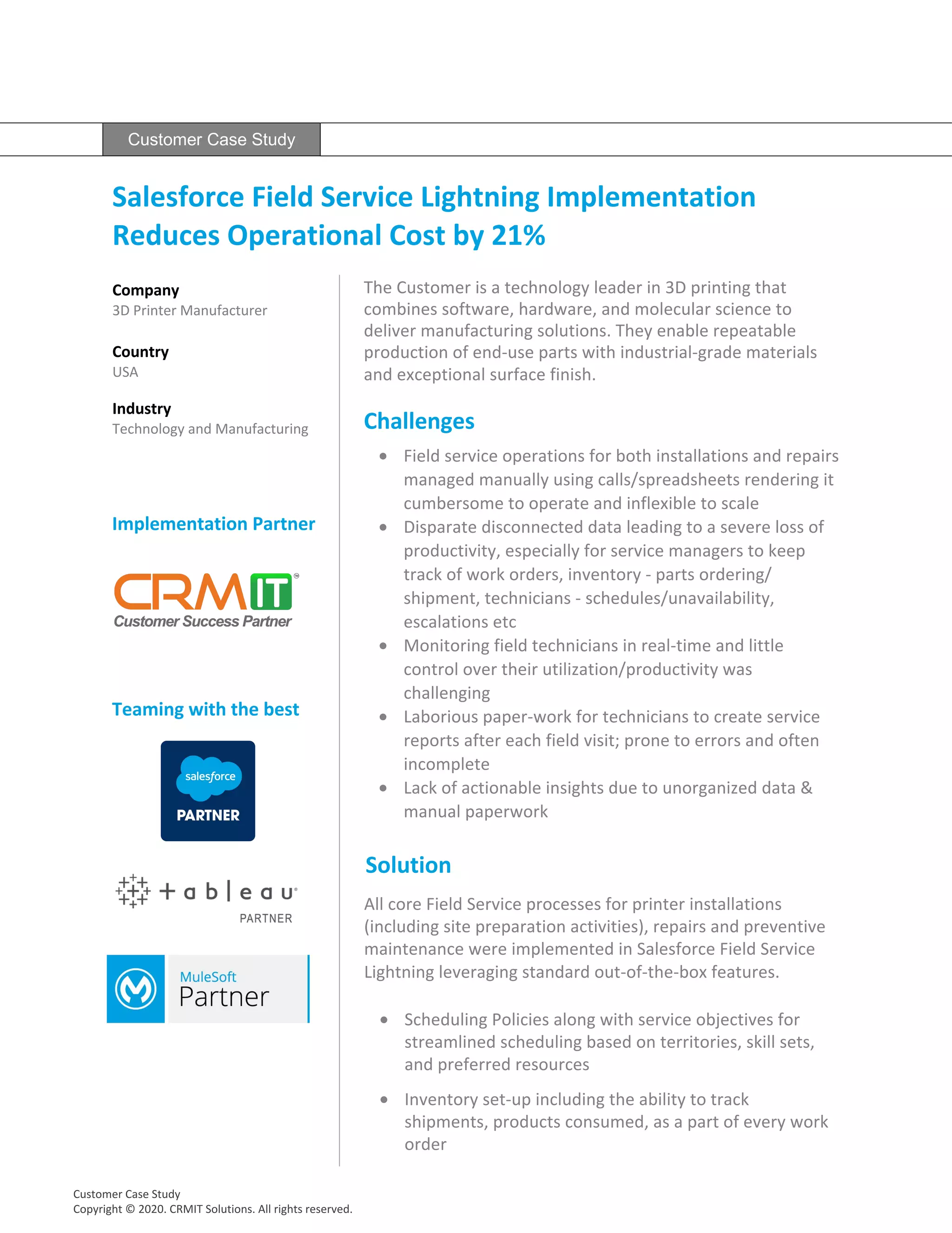 Salesforce Field Service Lightning Implementation Reduces Operational Cost by 21% | PDF ...