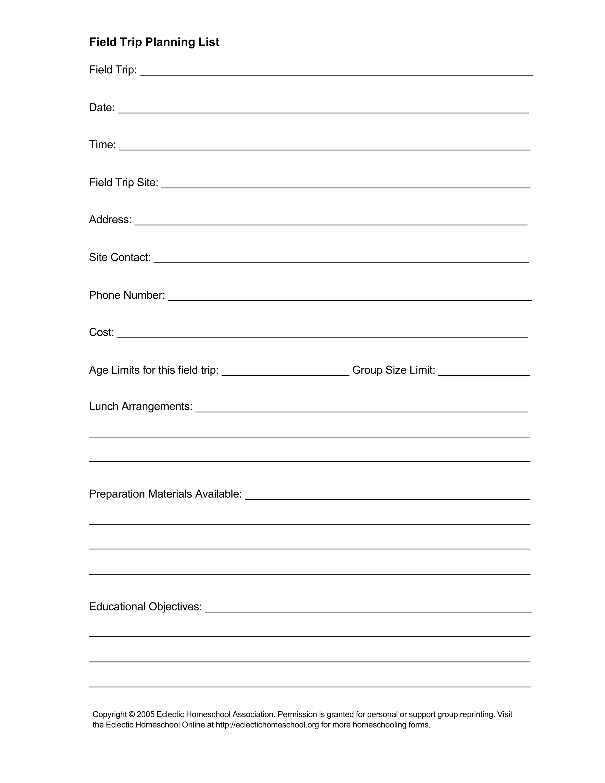 Field Trip Planning Sheet | PDF | Homeschooling | Education