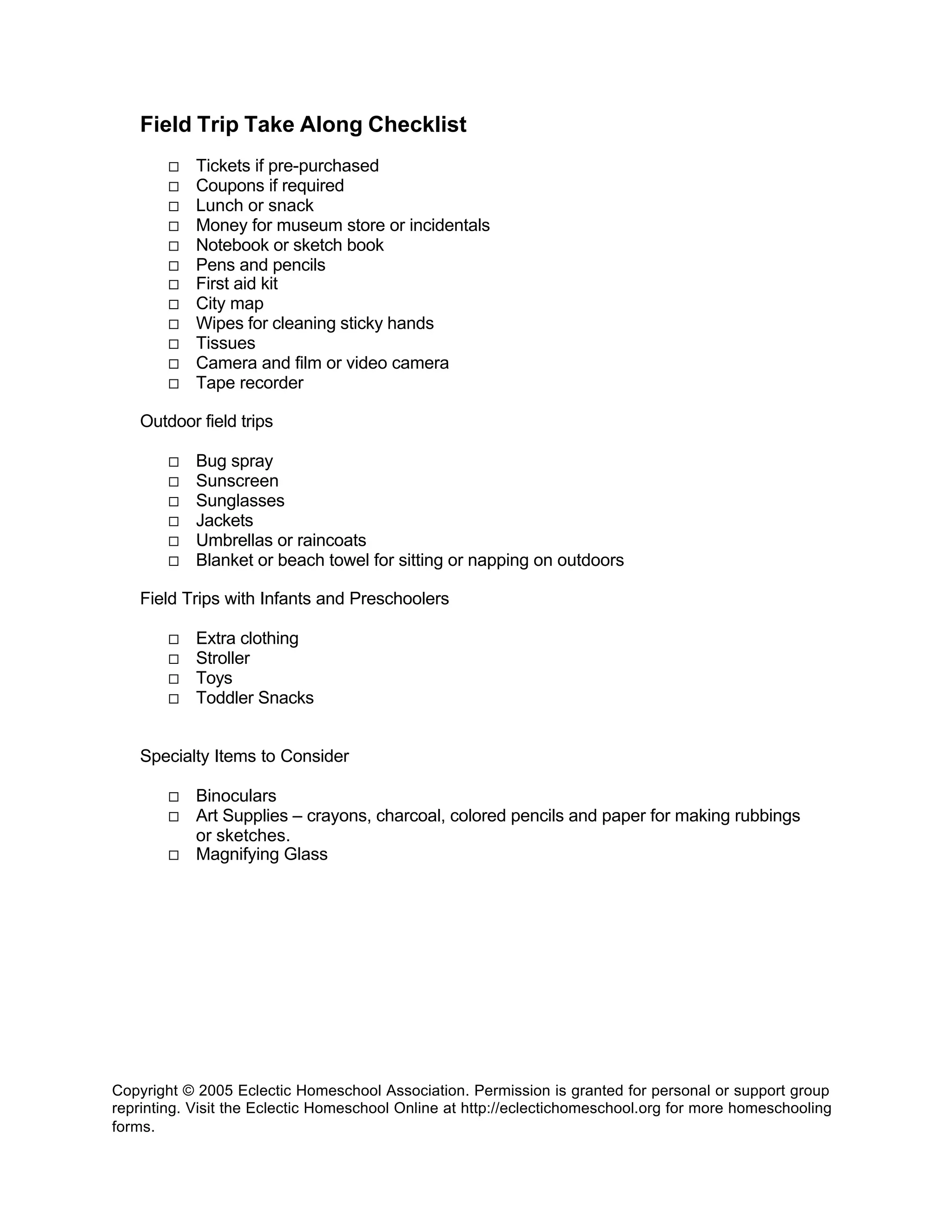 Field Trip Takealong Checklilst | PDF