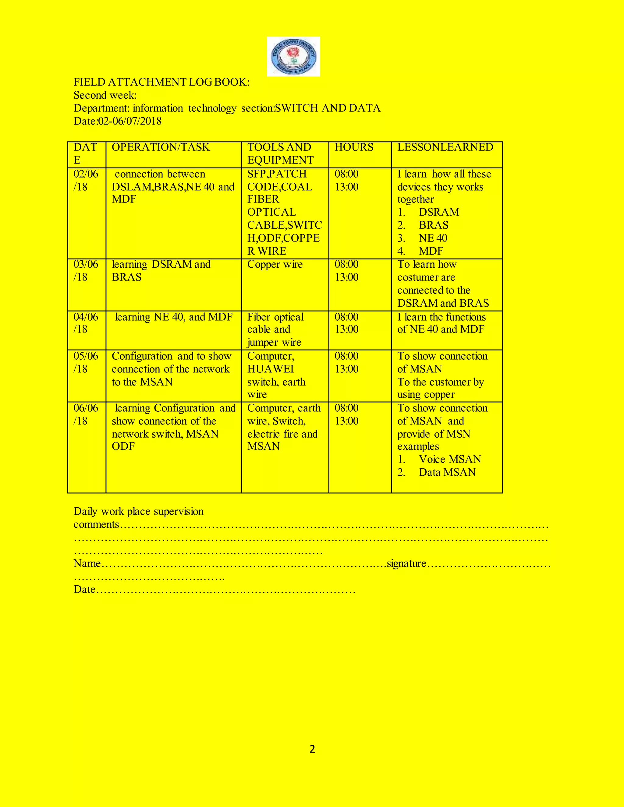 Field attachment log book | DOCX