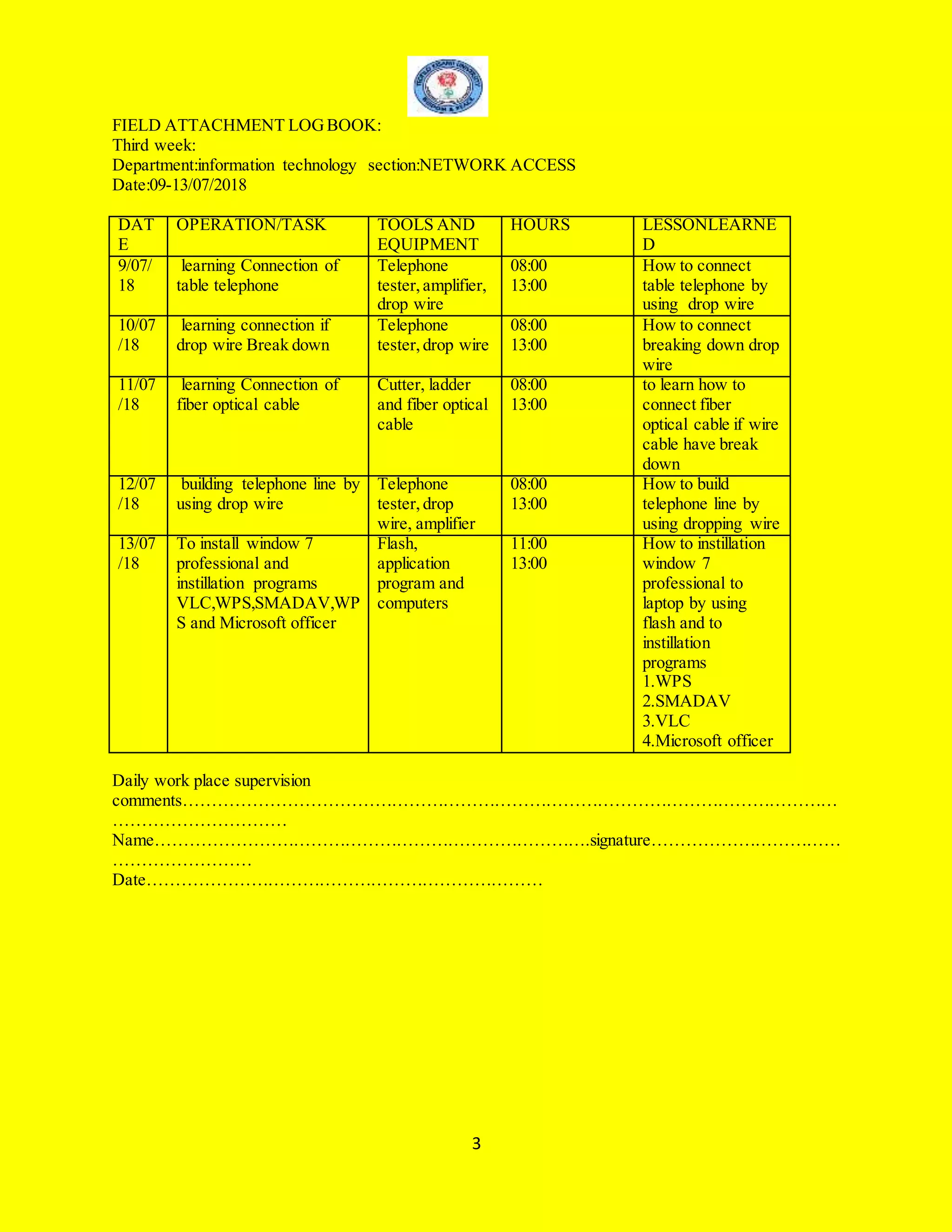 Field attachment log book | DOCX