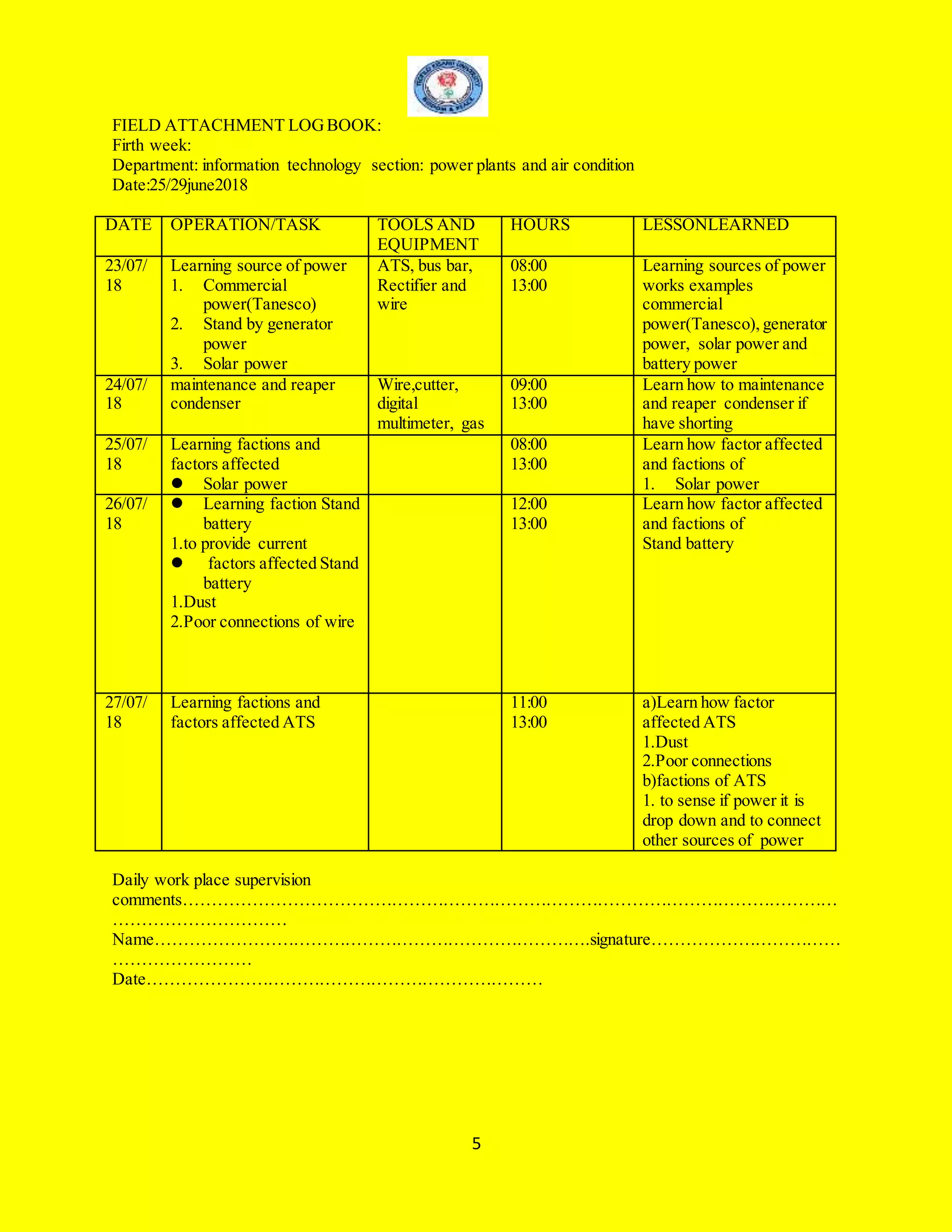 Field attachment log book | DOCX