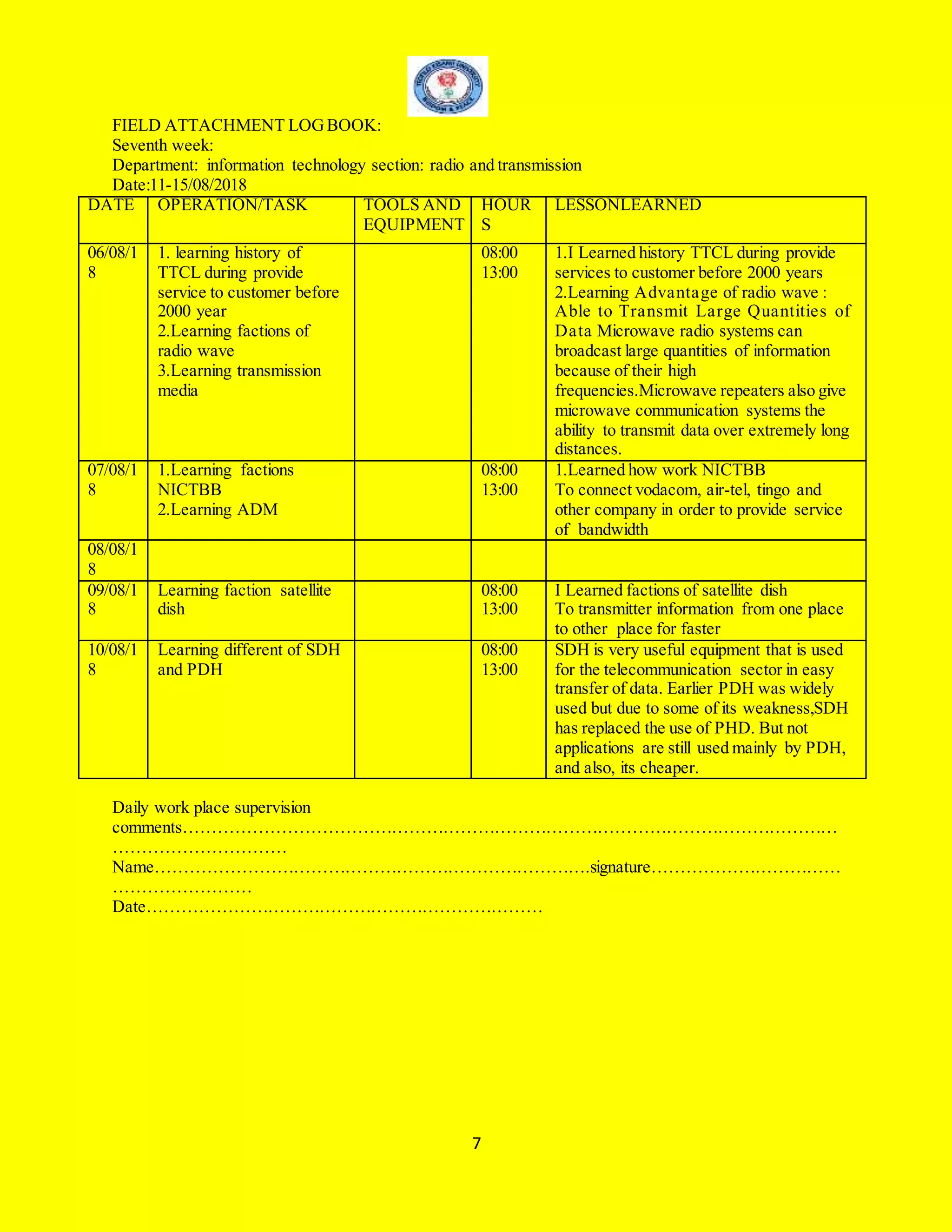 Field attachment log book | DOCX