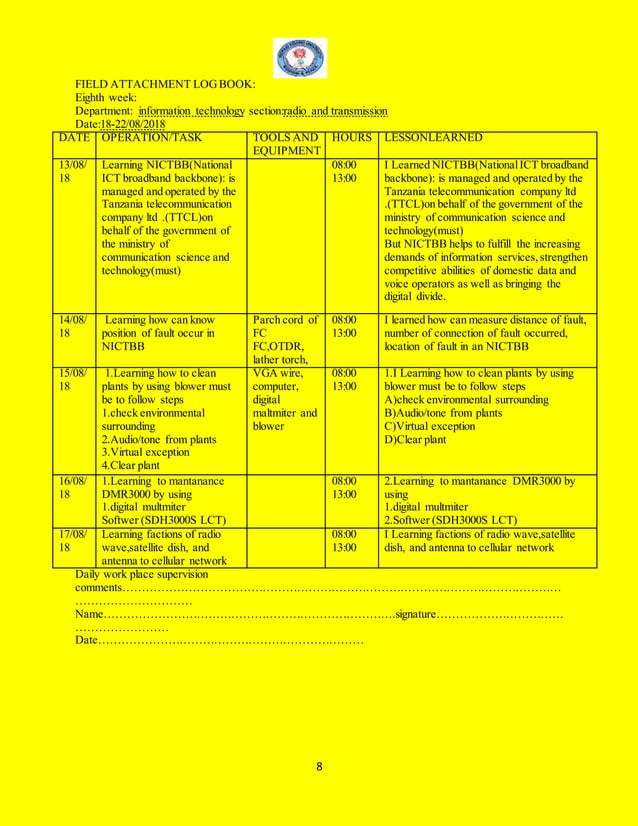 Field attachment log book