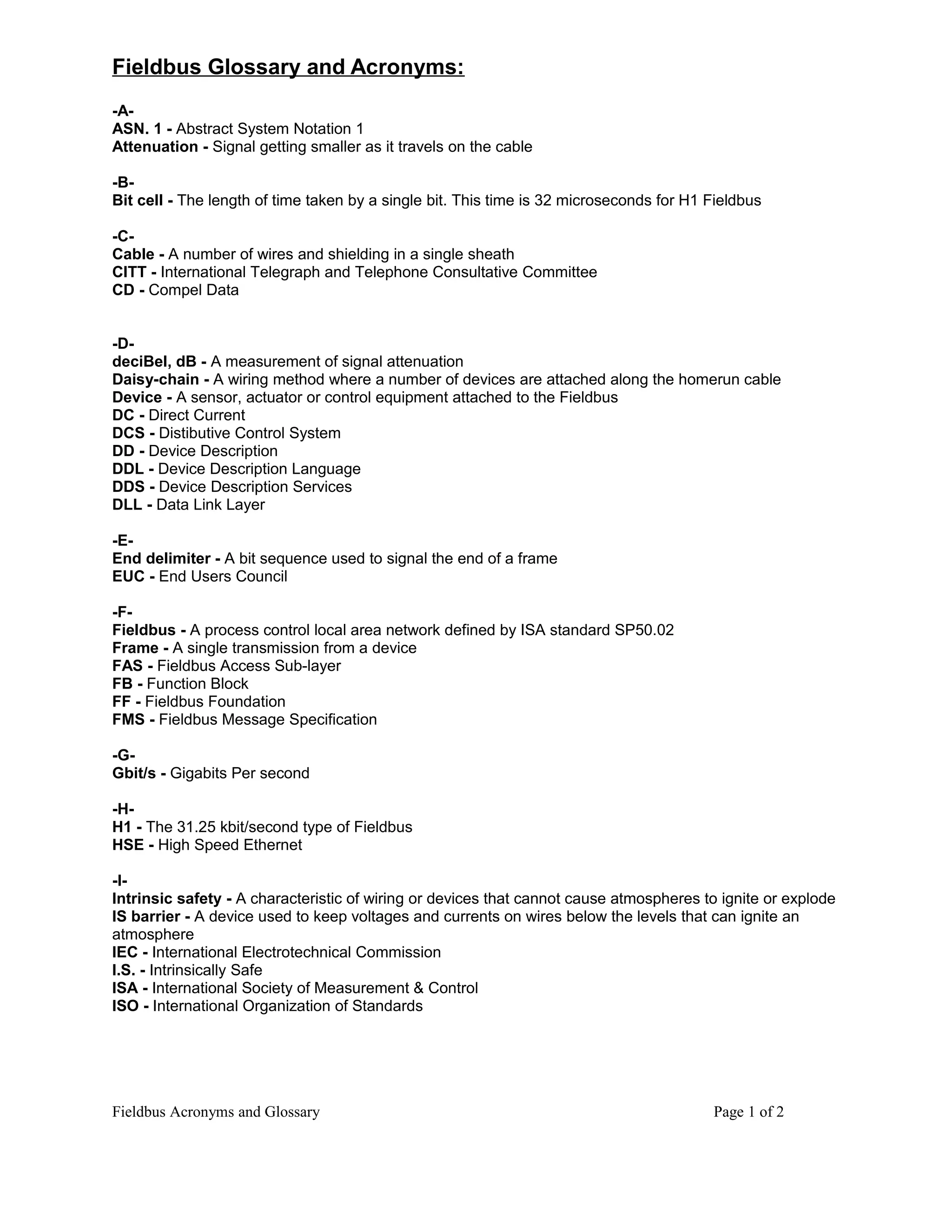Fieldbus glossary and acronyms | DOC