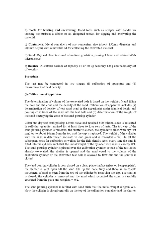 Field density test by sand replacement method | PDF