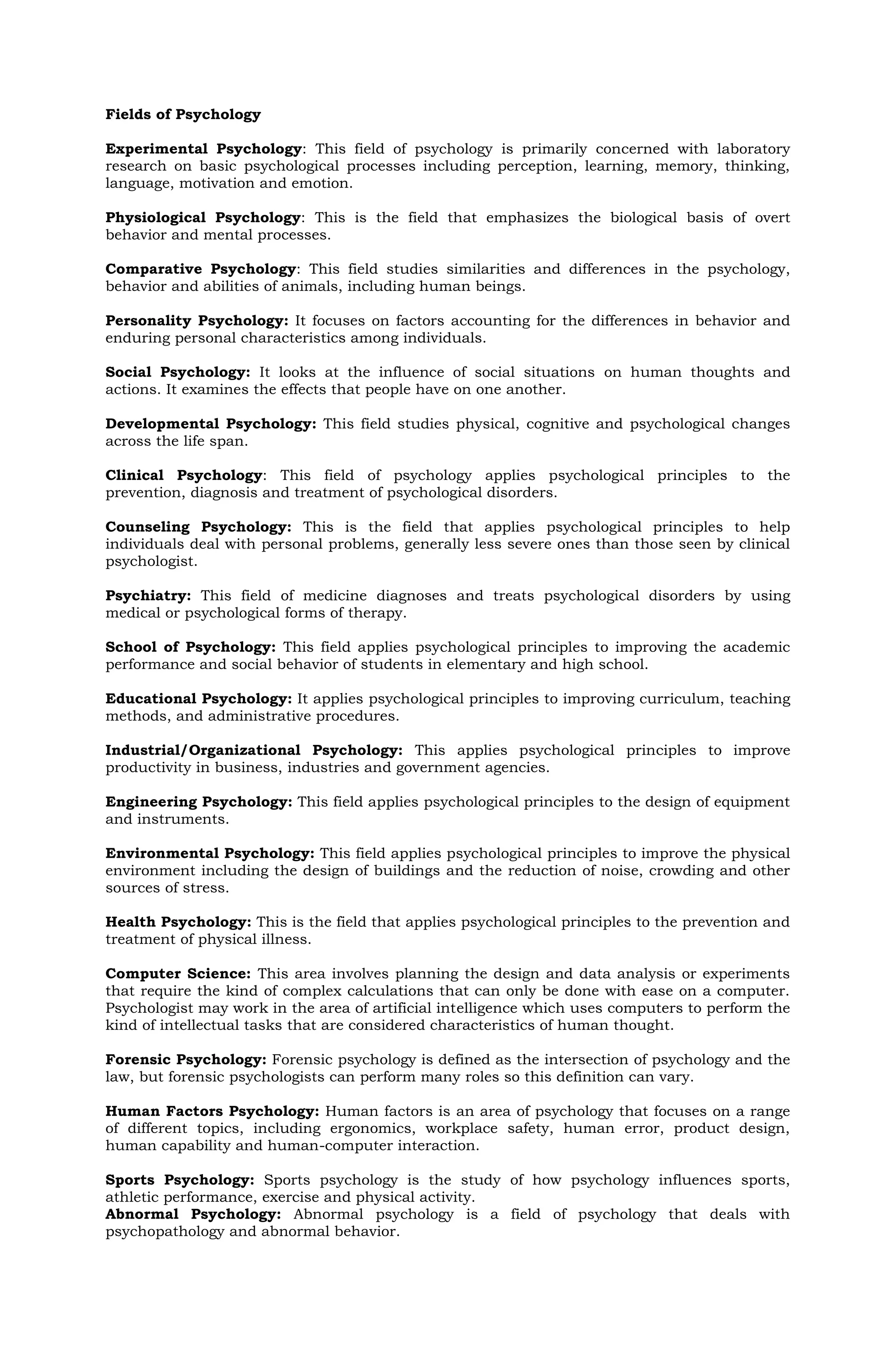 Fields of psychology | DOCX