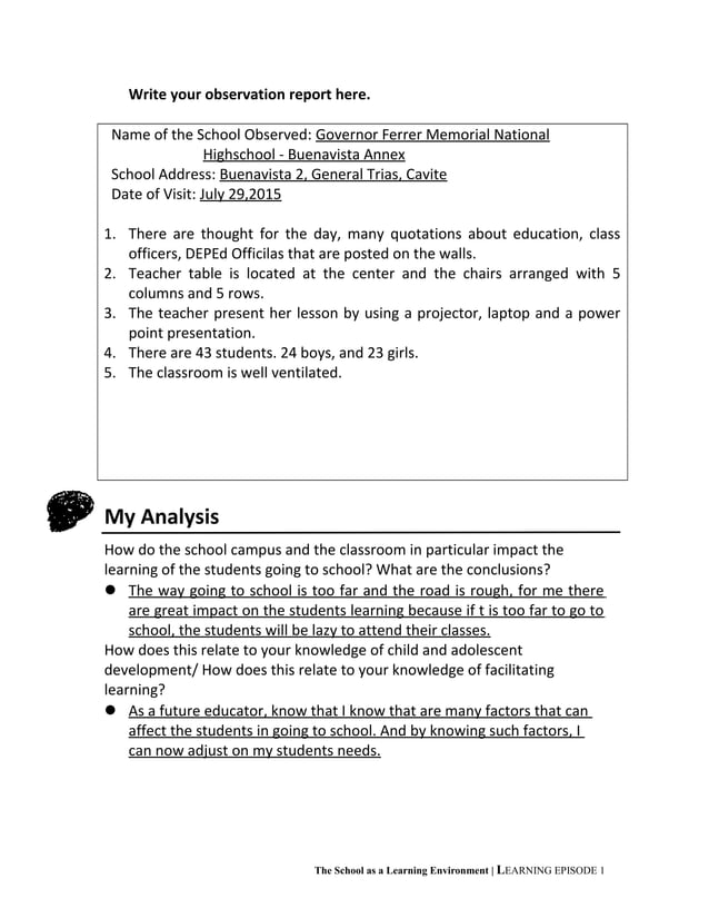 Field study 1 episode 1 | DOC | Educational Assessment | Education
