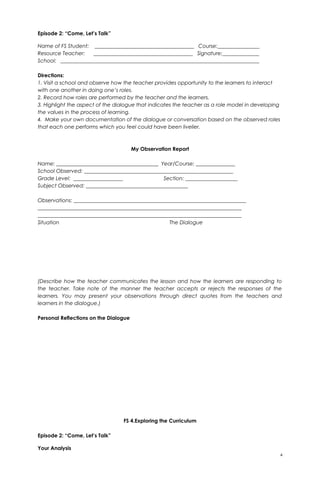 Field study 4: Exploring The Curriculum | DOC