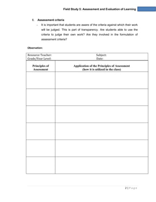 Field study 5 - Assessment and Evaluation of Learning | PDF