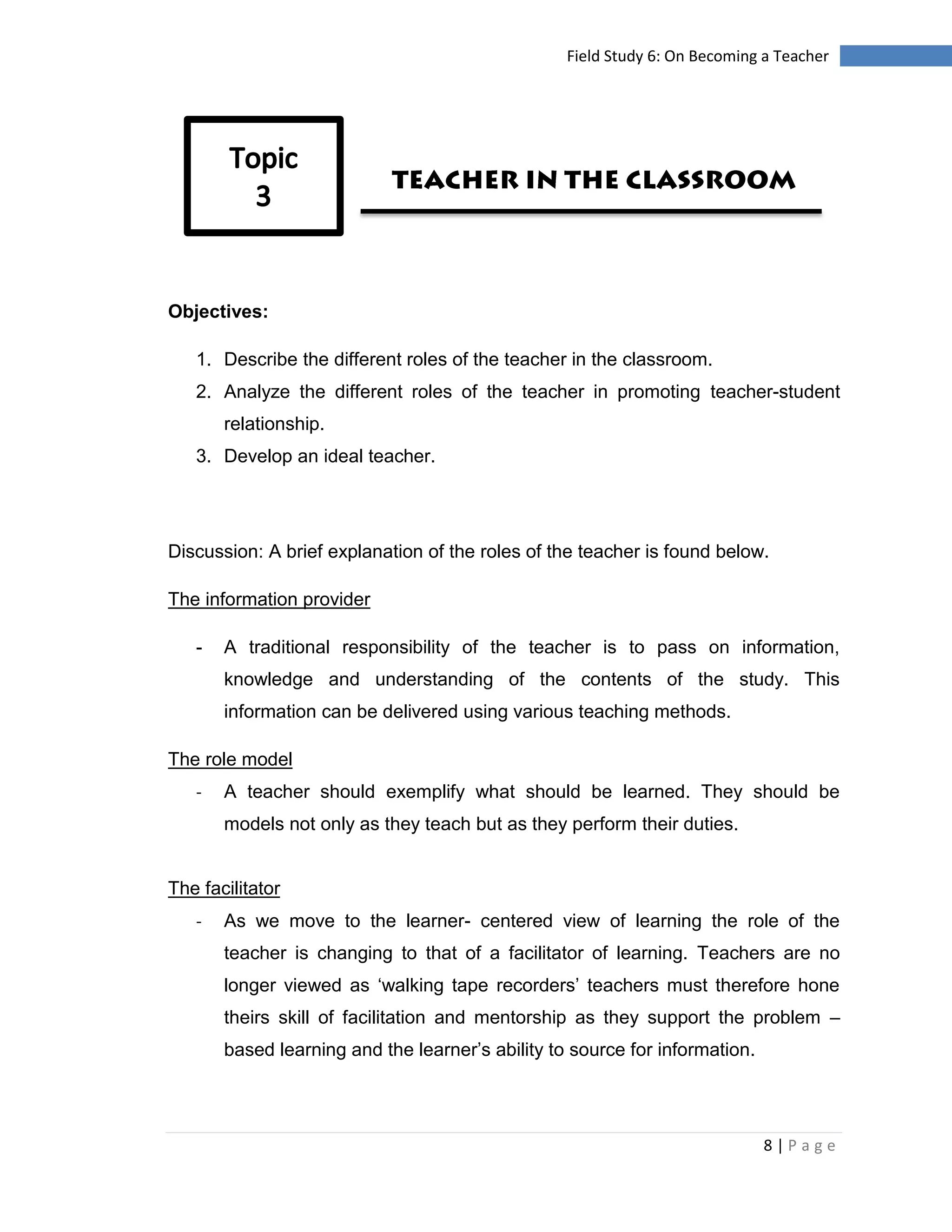 Field study 6 - On Becoming a Teacher | PDF