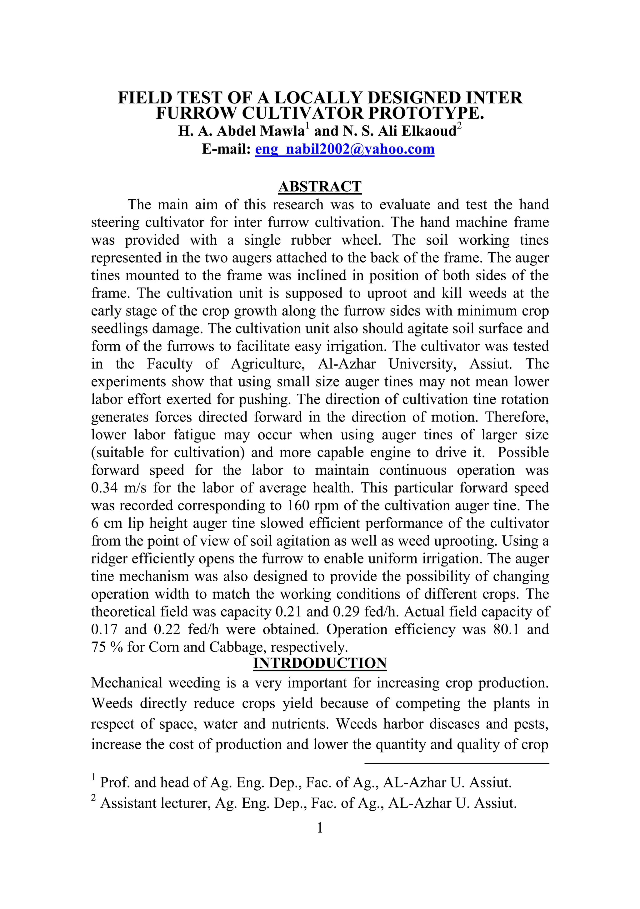Field test of a locally designed inter furrow cultivator prototype | PDF