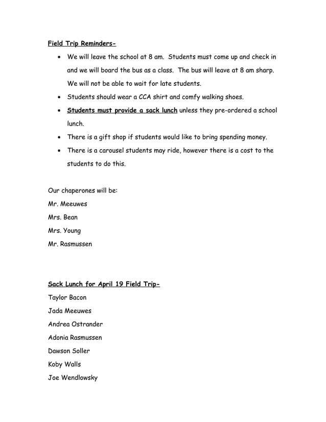 Field trip reminders | DOC