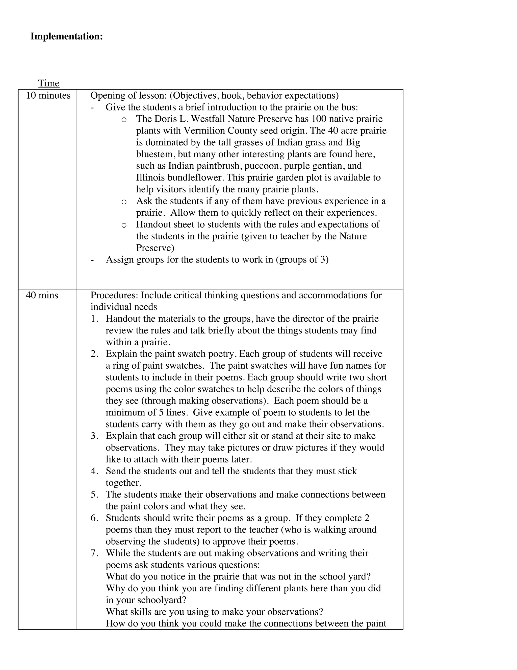 Field trip to prairie and poem lesson | PDF