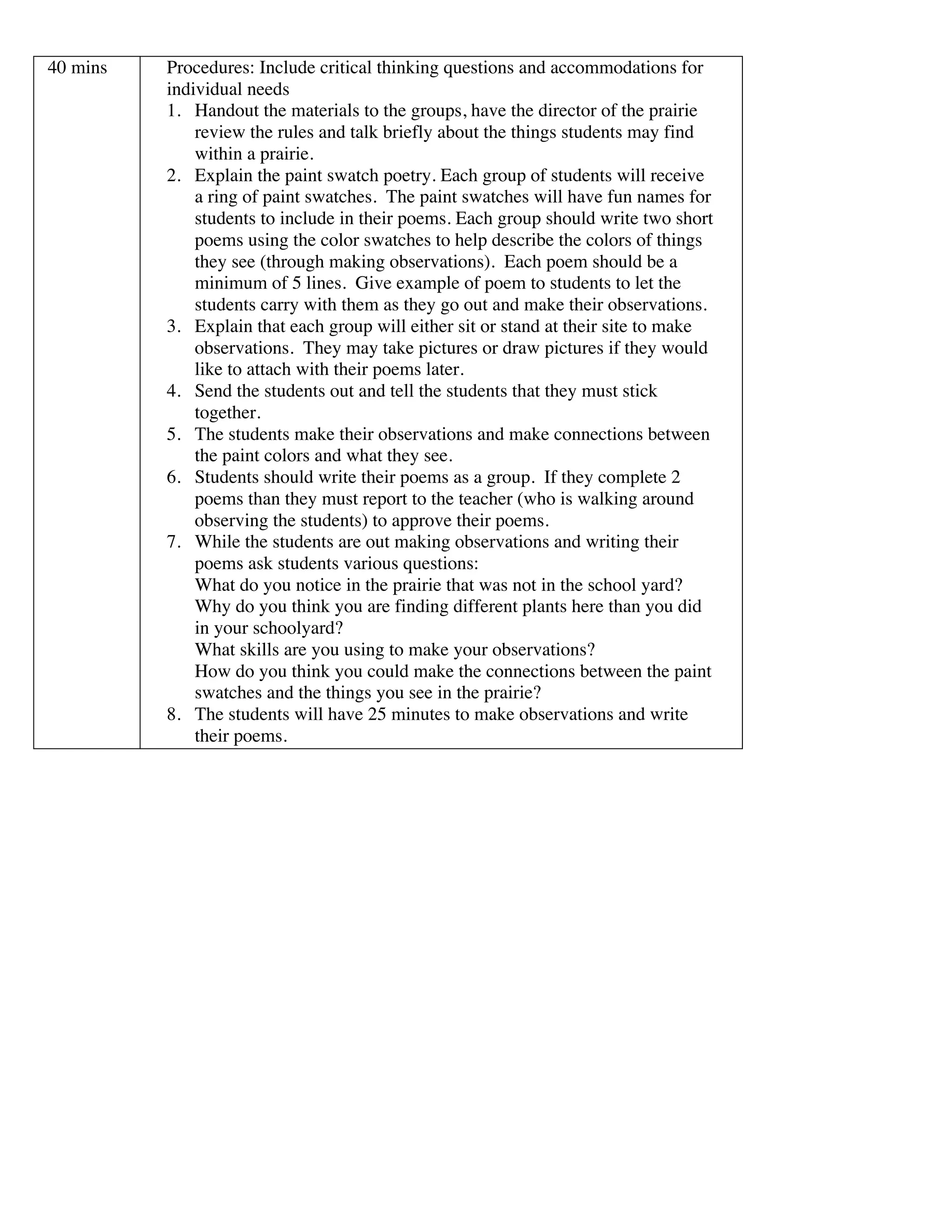 Field trip to prairie and poem lesson | PDF