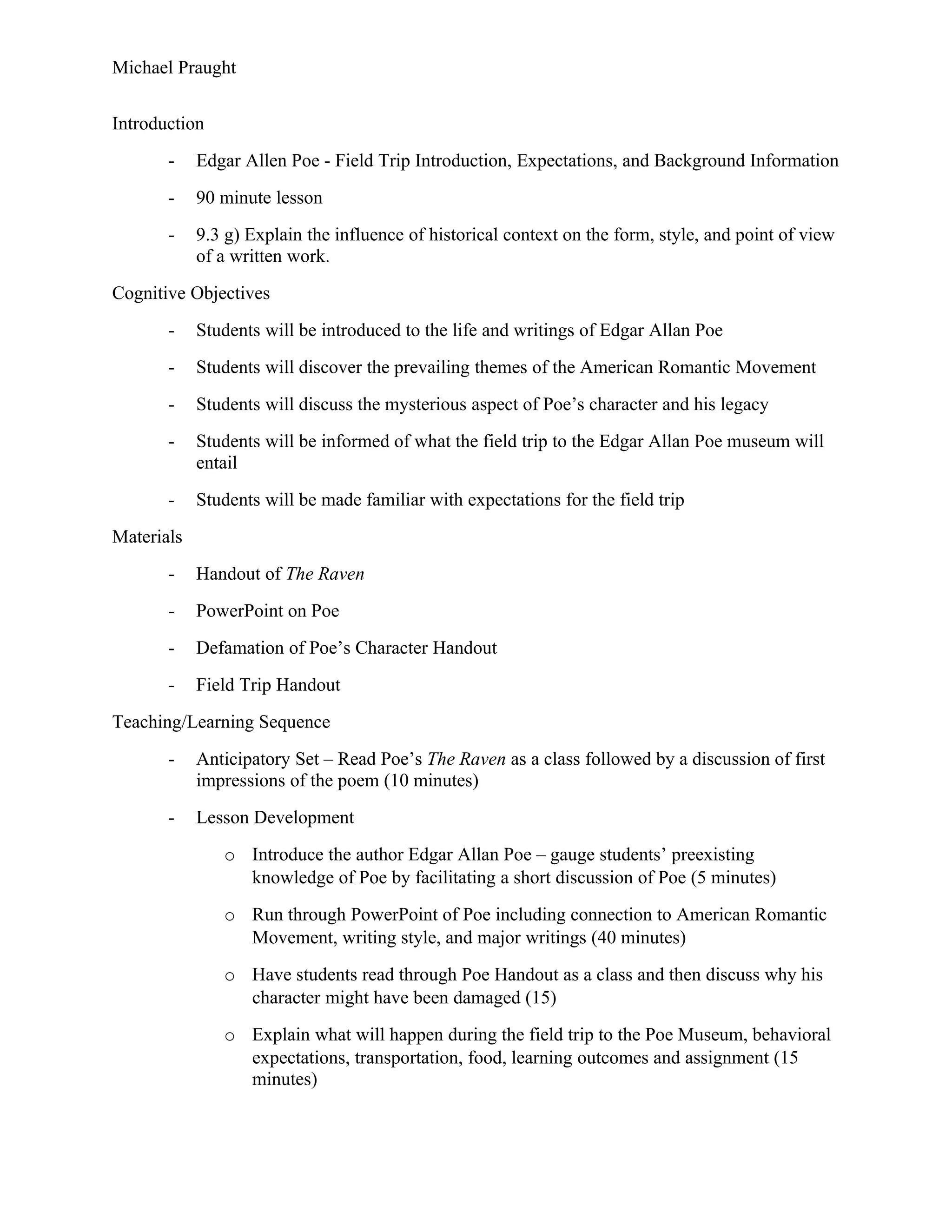 Poe Presentation Lesson Plan | DOC
