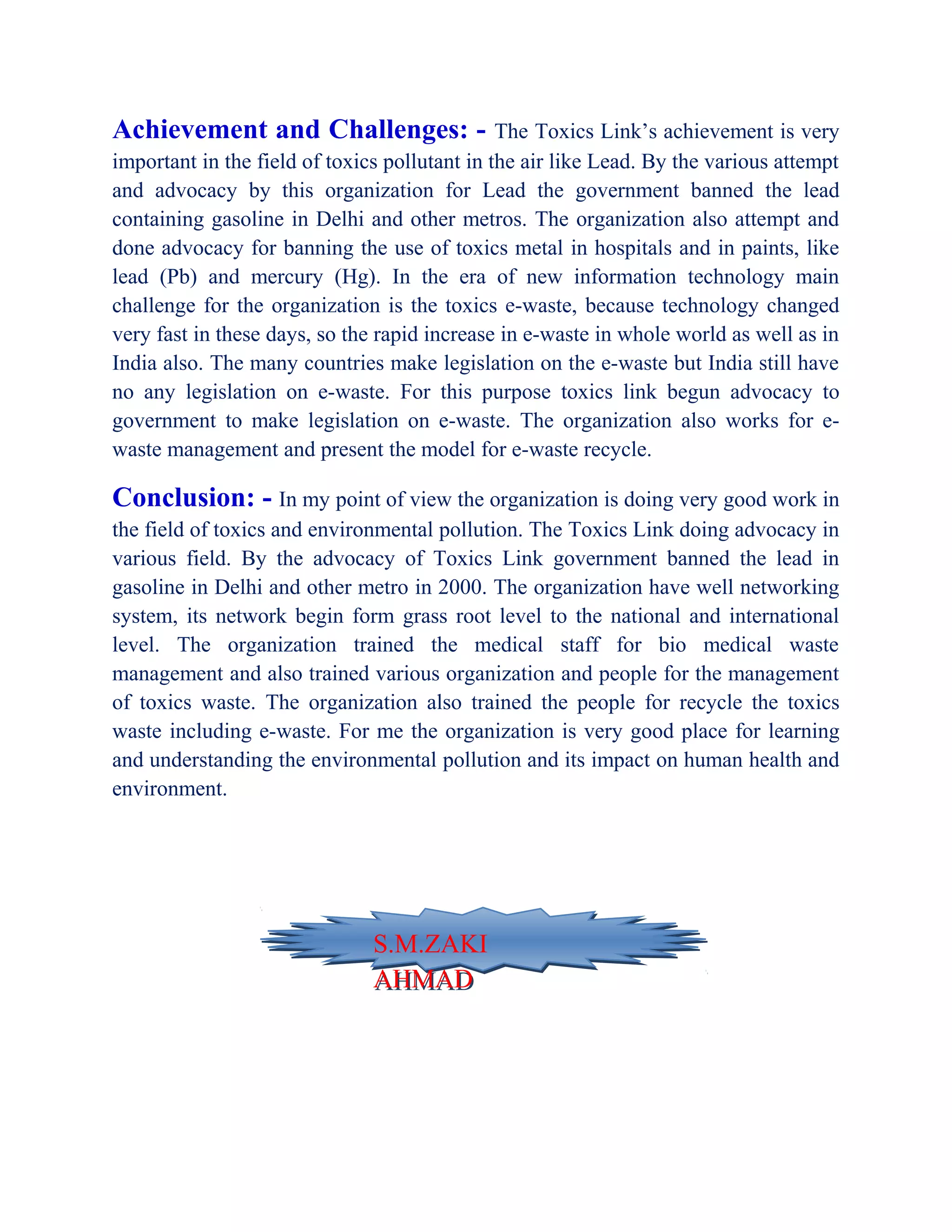Field visit report of organization toxics link | DOC