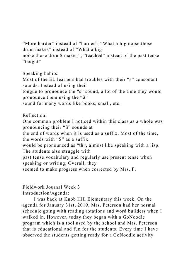 Fieldwork Journal Week 2 Introduction To begin, Mrs. .docx