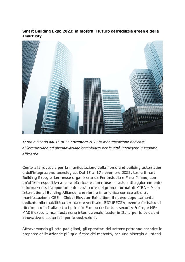 Smart Building Expo 2023: in mostra il futuro dell’edilizia green e delle smart city | PDF