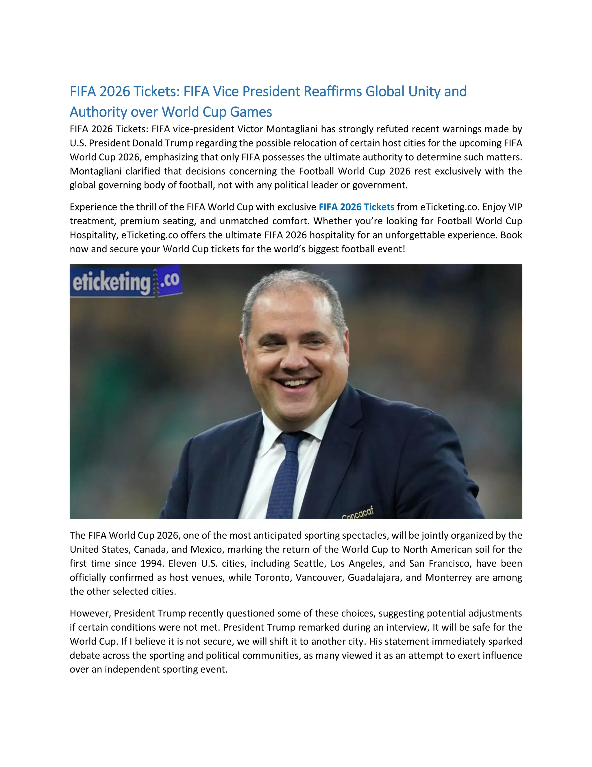 FIFA 2026 Tickets FIFA Vice President Reaffirms Global Unity and ...