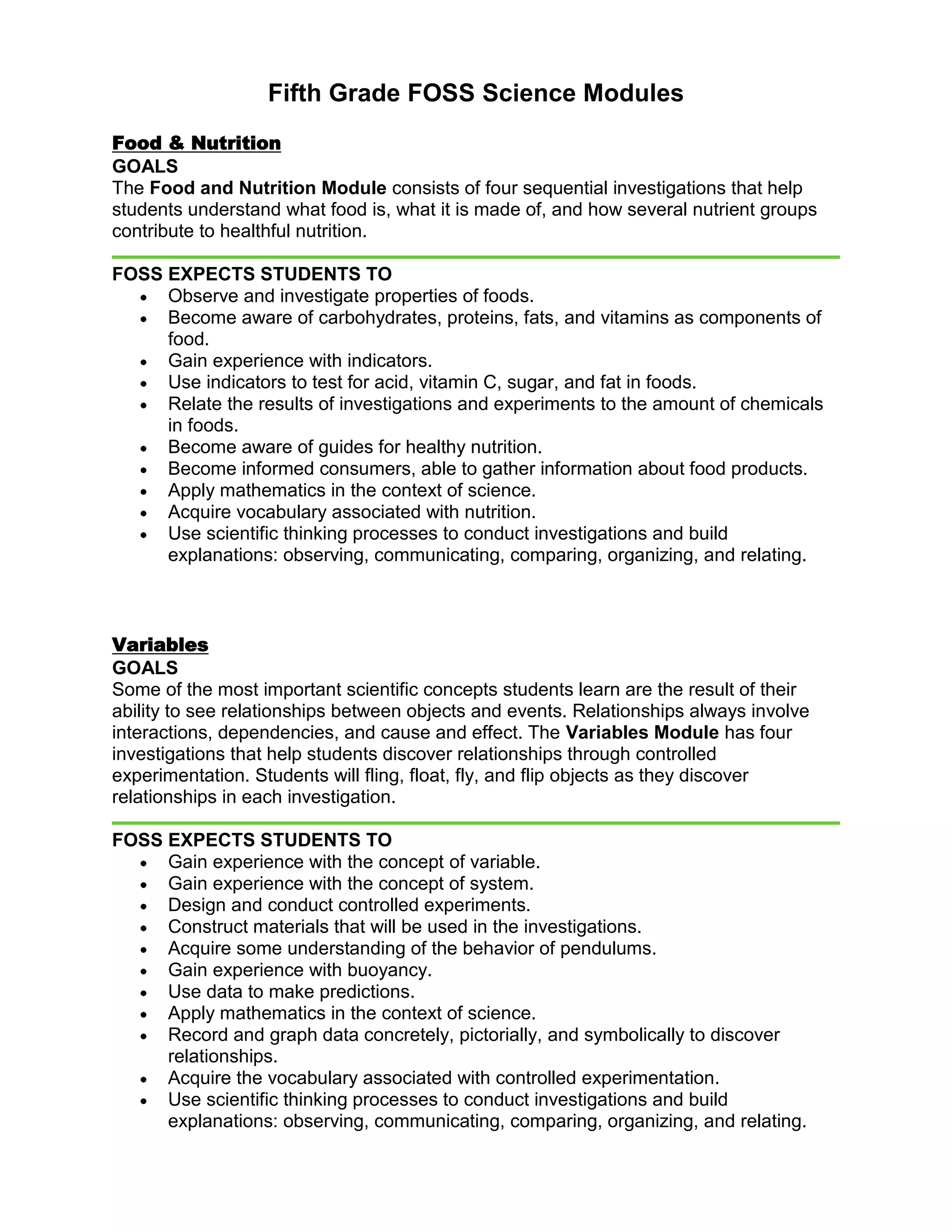 Fifth grade foss science modules | DOCX