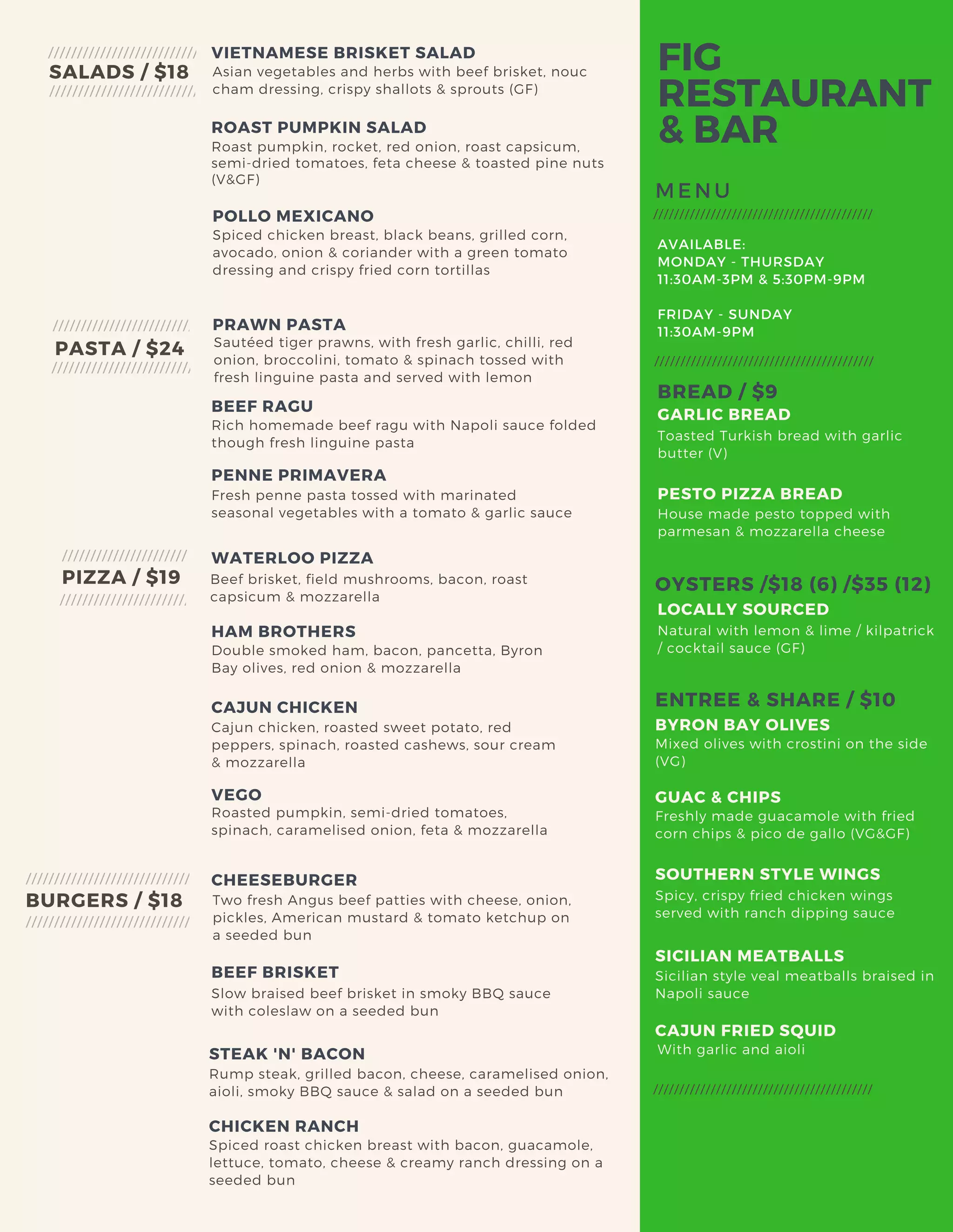 FIG Restaurant Bar Menu | Waterloo Bay Hotel | PDF