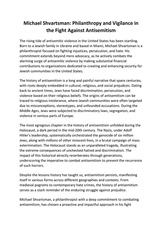 Michael Shvartsman: Philanthropy and Vigilance in the Fight Against ...