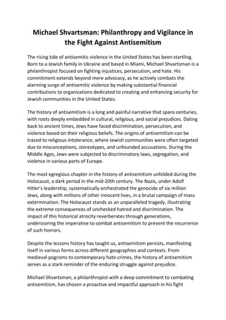 Michael Shvartsman: Philanthropy and Vigilance in the Fight Against ...