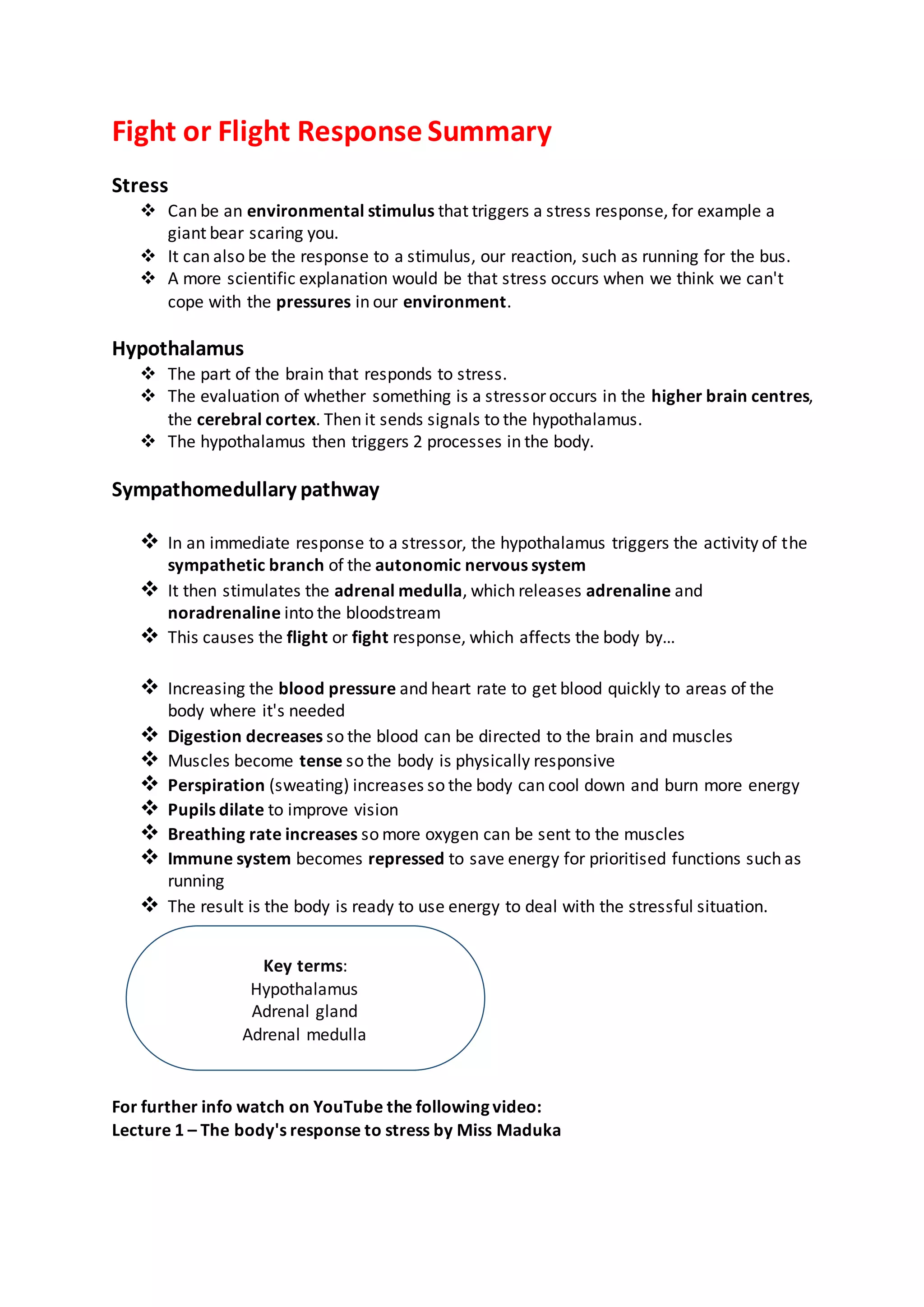 Fight or flight response summary sheet | DOCX