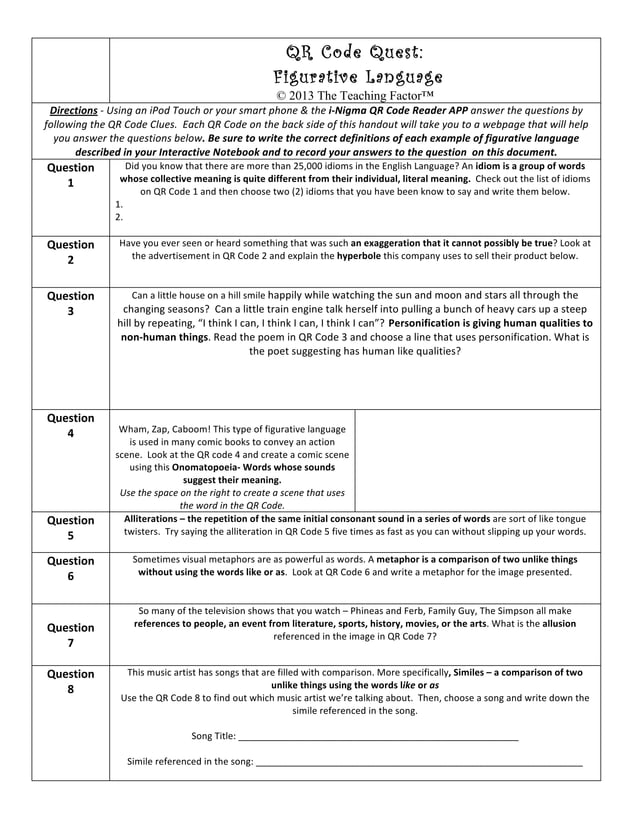 Figurative Language QR Code Quest | PDF