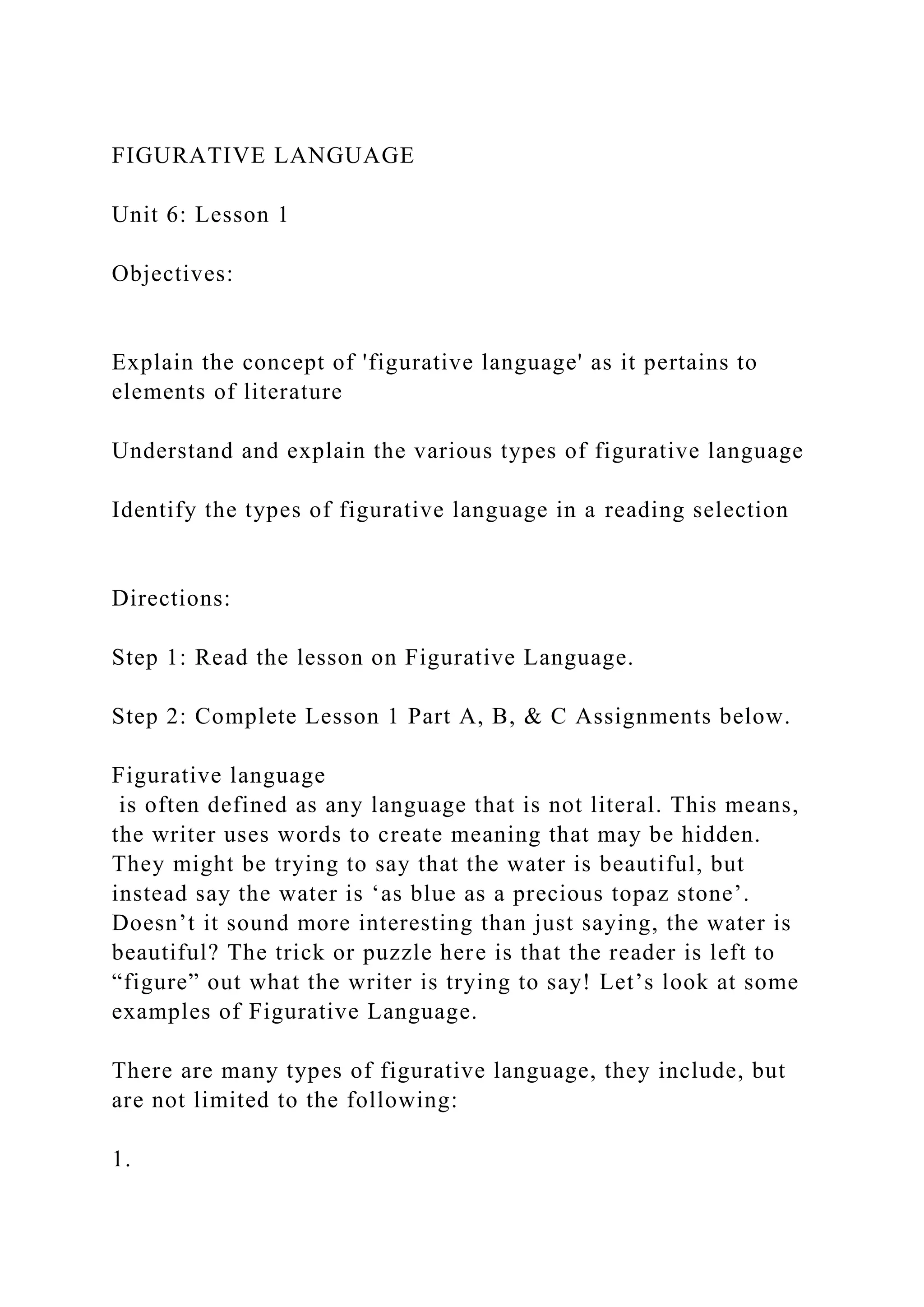 FIGURATIVE LANGUAGEUnit 6 Lesson 1ObjectivesExplain | DOCX