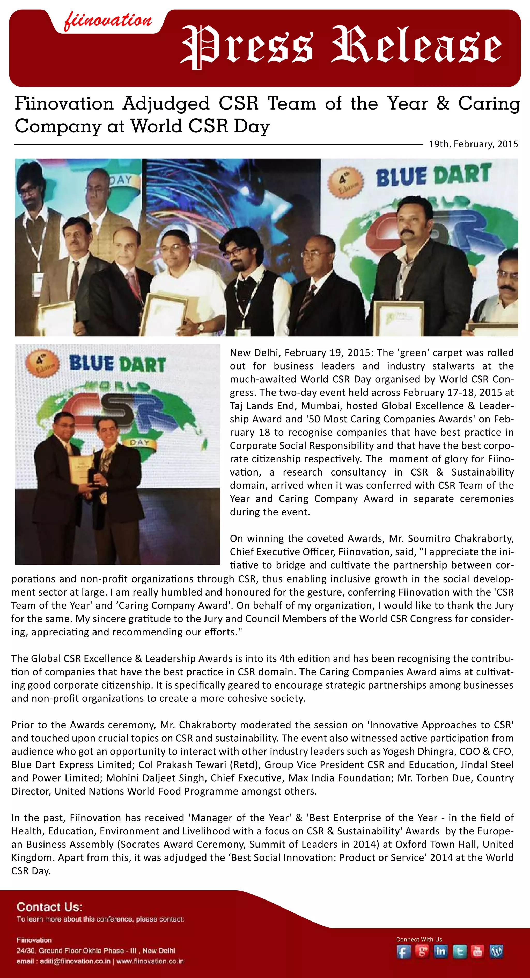 Fiinovation Adjudged CSR Team of the Year & Caring Company at World CSR ...