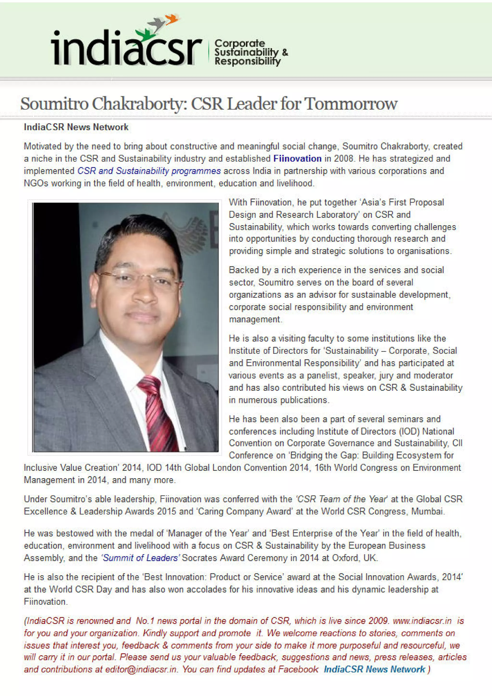 India CSR Features Fiinovation CEO as 'CSR Leader of Tomorrow' | PDF