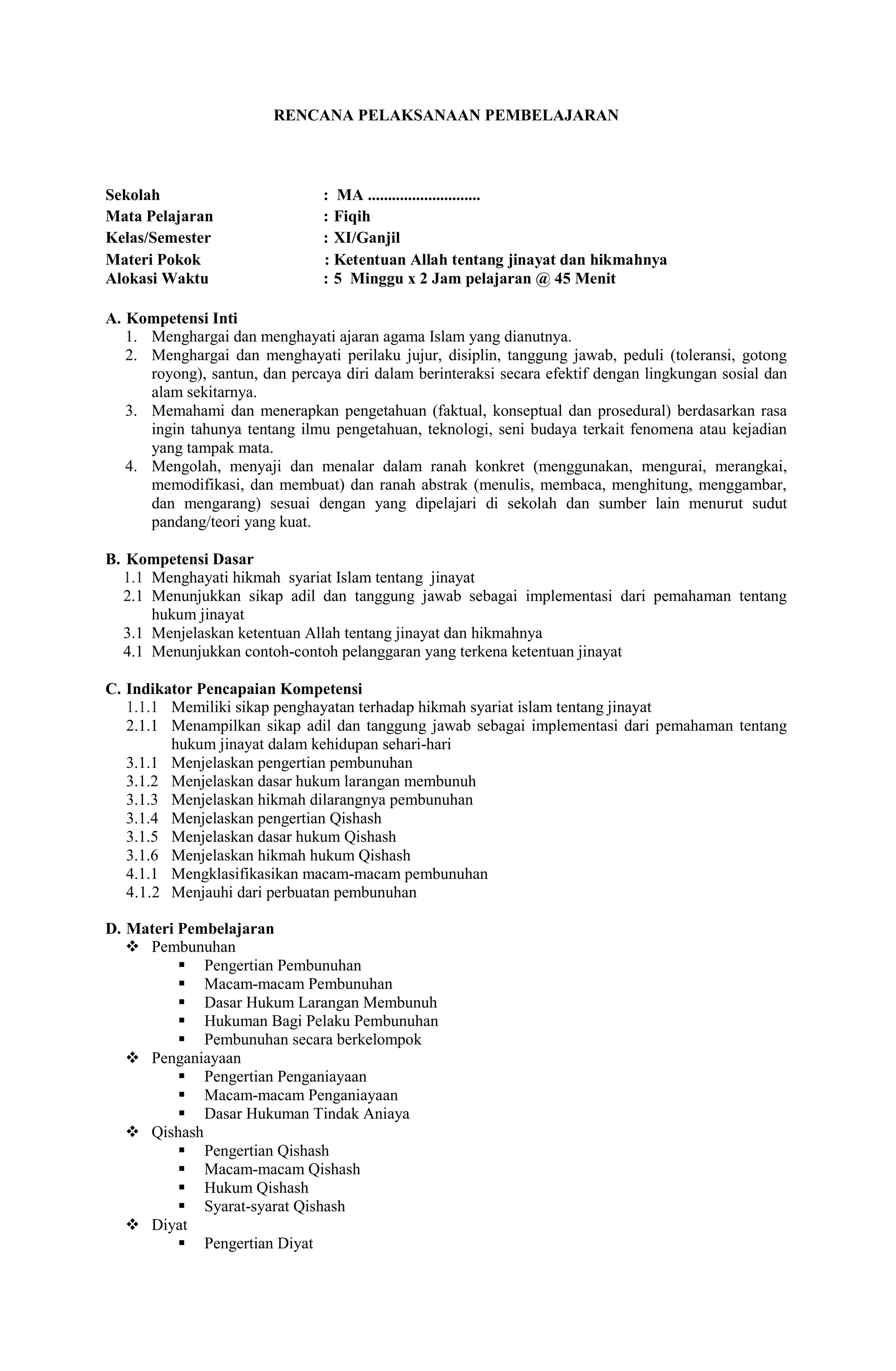 RPP MA Fikih Kelas XI | PDF