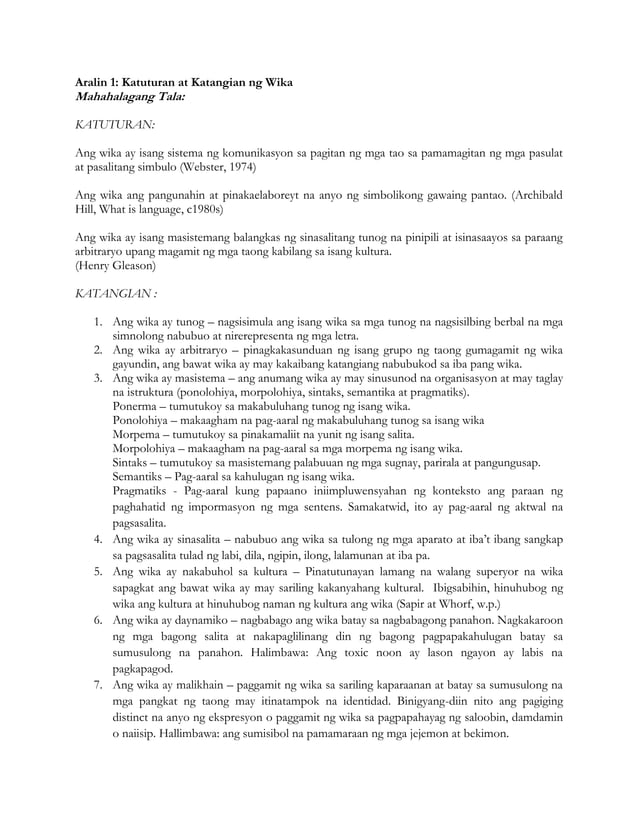 Fil1 aralin 1-katuturan at katangian ng wika | PDF