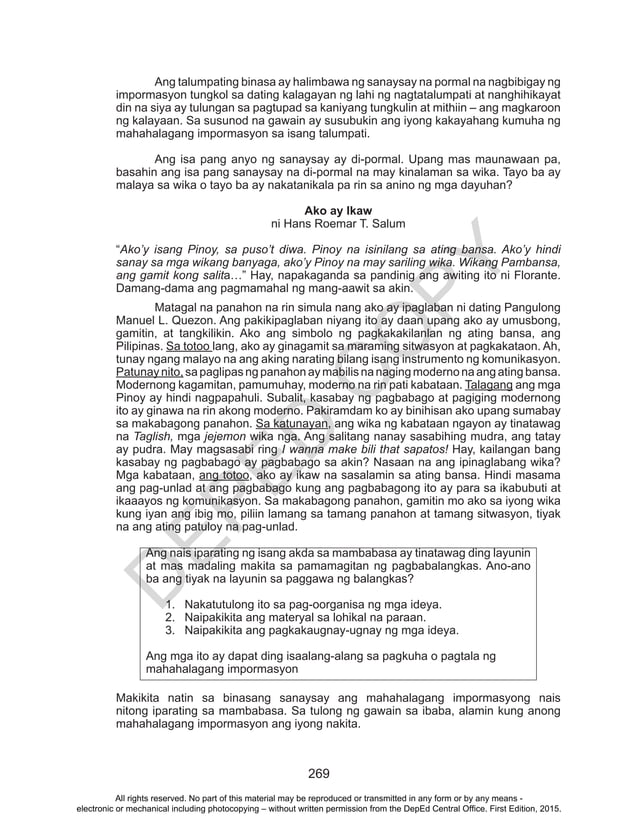 FILIPINO Grade 10 Learning Module Unit 3 | PDF