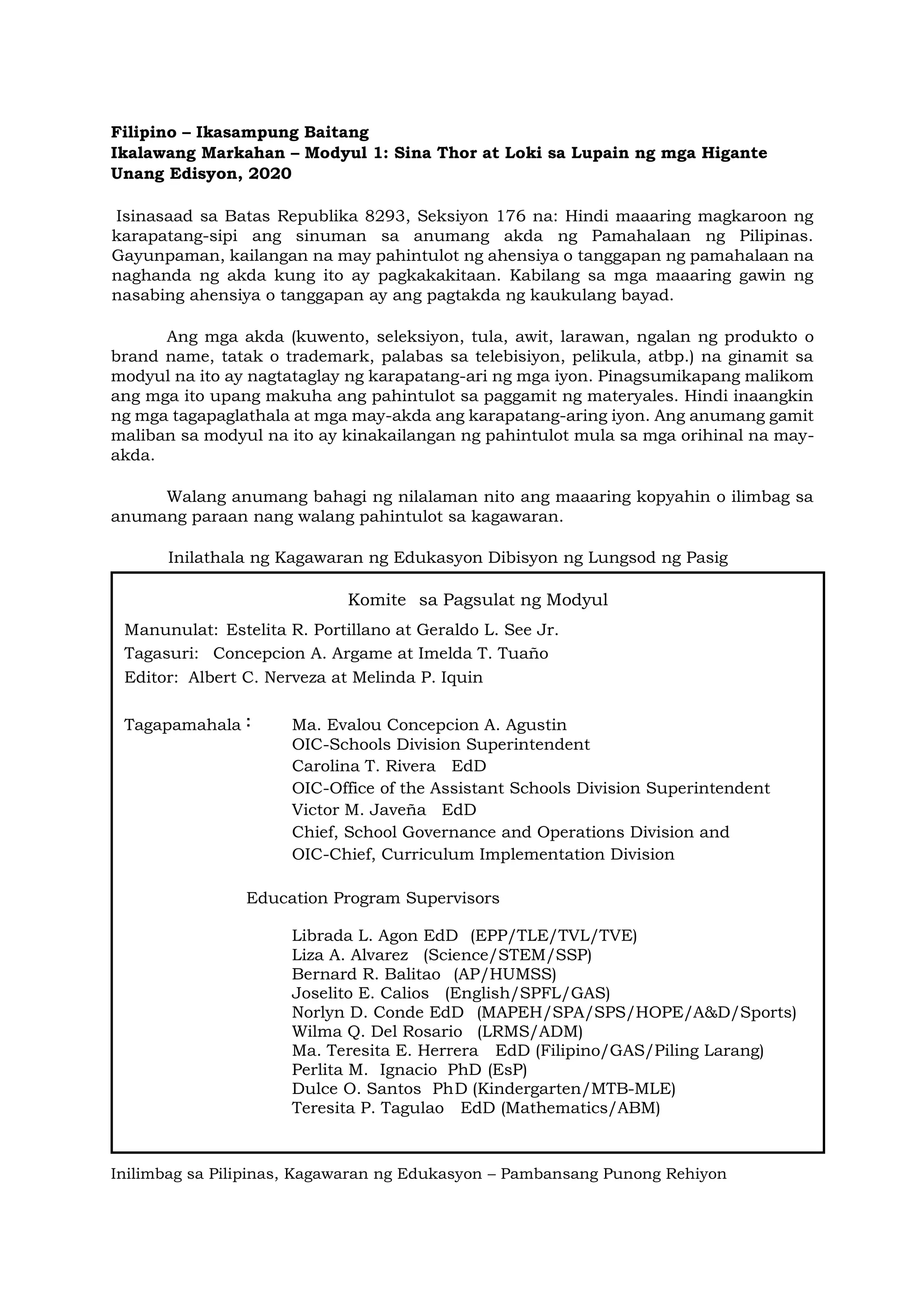 FILIPINO 10 SINA THOR AT LOKI SA LUPAIN NG MGA HIGANTE | DOCX