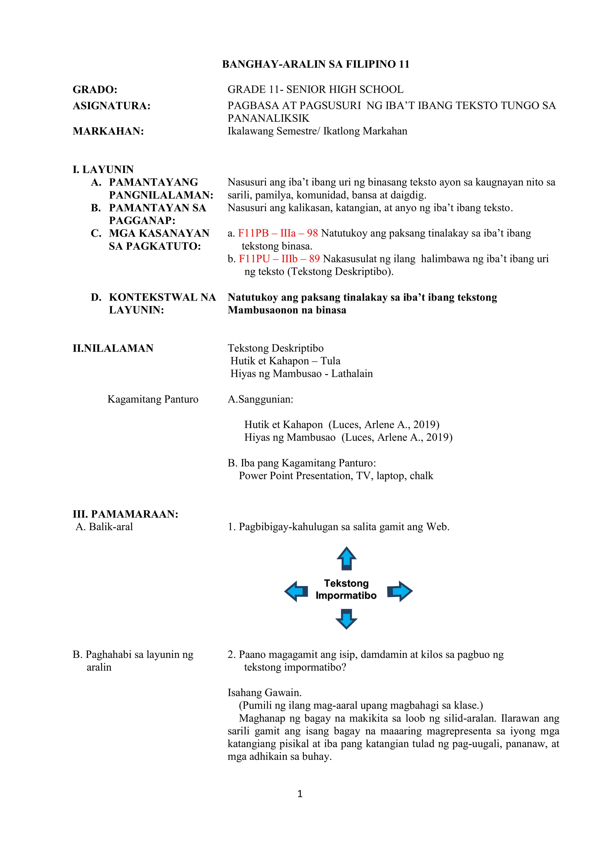 Banghay Aralin sa Filipino 11 Pagbasa at Pagsusuri ng Teksto Tungo sa Pananaliksik | PDF