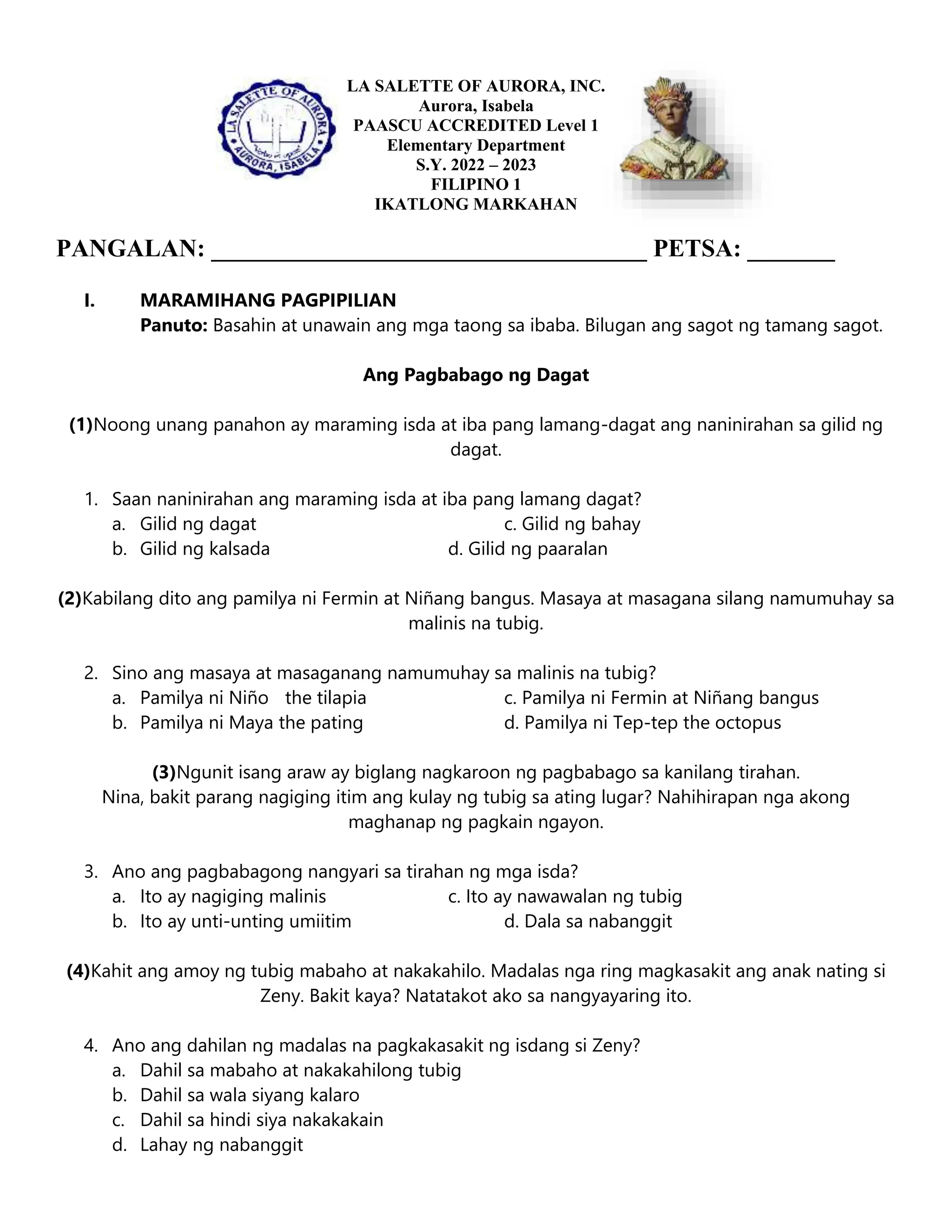 Filipino grade 1 - St. Charles exam third quarter | DOCX